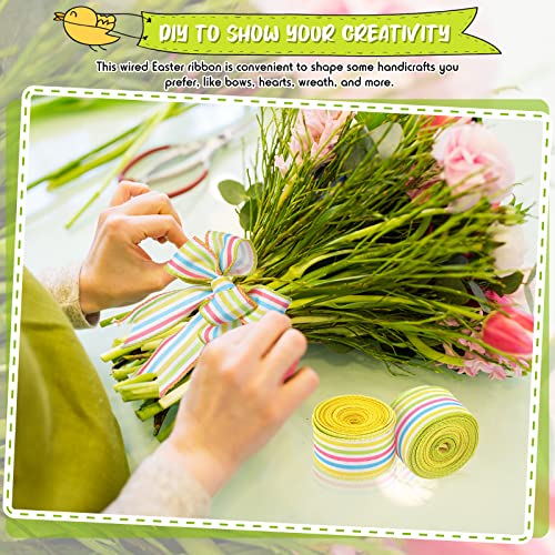 20 Yard Spring Ribbon Easter Stripe Wired Ribbon Burlap Pastel Stripe Ribbon Pink Lime Yellow White Blue 2 Rolls for Spring DIY Craft Baby Shower Gender Reveal Easter Holiday Decoration (1.5'')