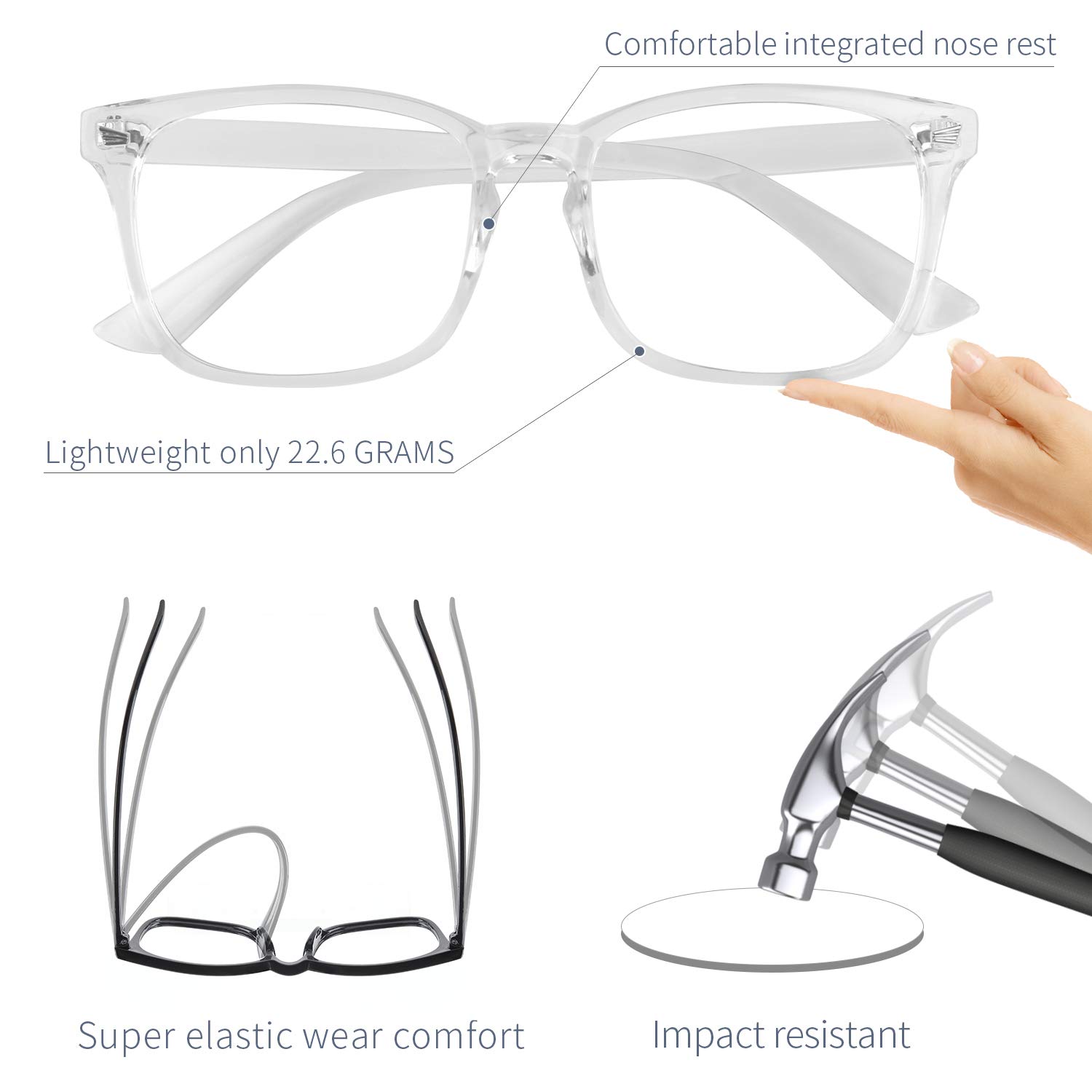 Amazon Essentials Unisex Blue Light & UV400-Blocking Glasses for Computer or Gaming, Black & Clear