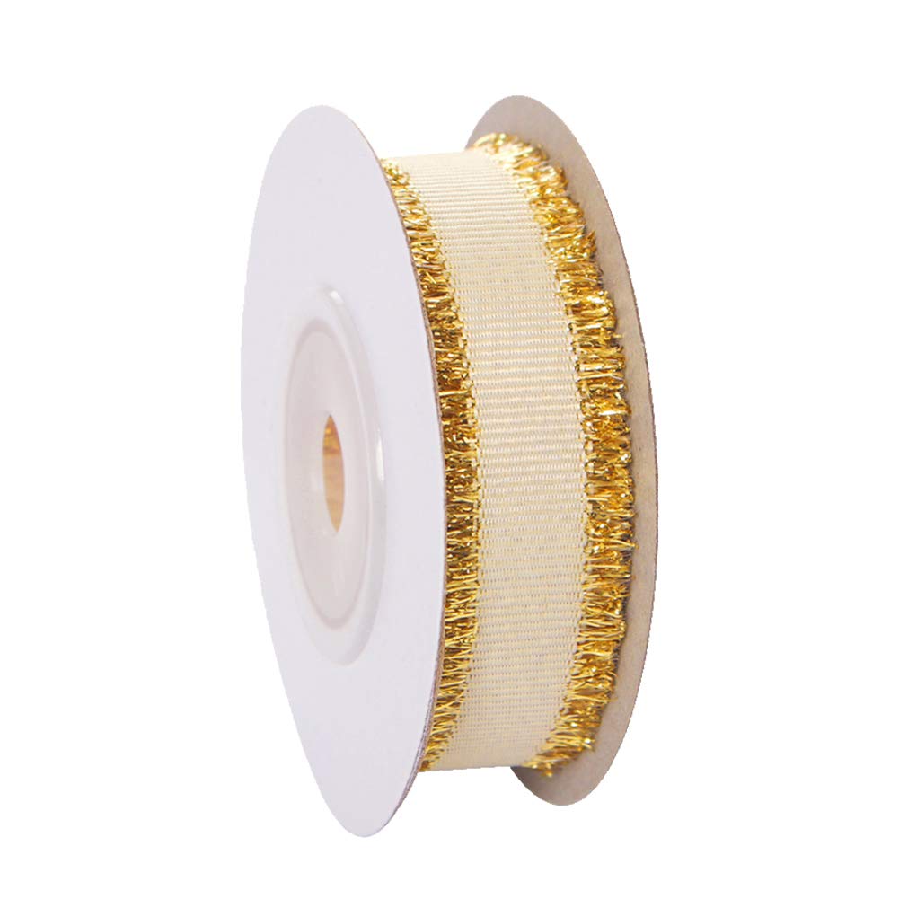 Christmas White Glitter Grosgrain Ribbon with Gold Trim,DIY Grosgrain Fringe Ribbon for Gift Crafts Wedding Party Birthday Wrap Hair Bows Floral Projects Wrapping Decorations 1.6cmx5m (1 Roll)
