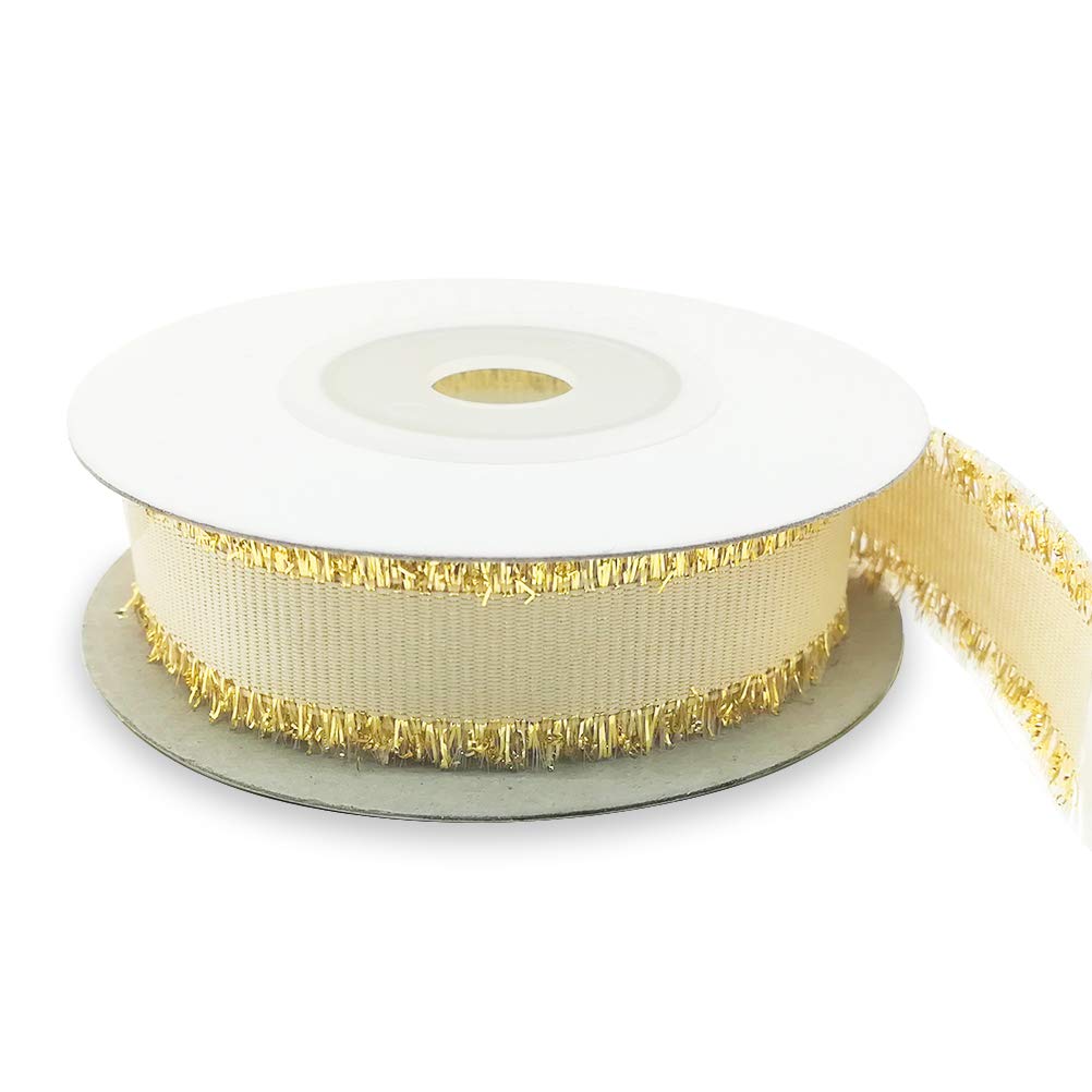 Christmas White Glitter Grosgrain Ribbon with Gold Trim,DIY Grosgrain Fringe Ribbon for Gift Crafts Wedding Party Birthday Wrap Hair Bows Floral Projects Wrapping Decorations 1.6cmx5m (1 Roll)