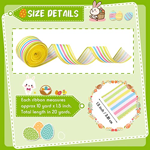 20 Yard Spring Ribbon Easter Stripe Wired Ribbon Burlap Pastel Stripe Ribbon Pink Lime Yellow White Blue 2 Rolls for Spring DIY Craft Baby Shower Gender Reveal Easter Holiday Decoration (1.5'')