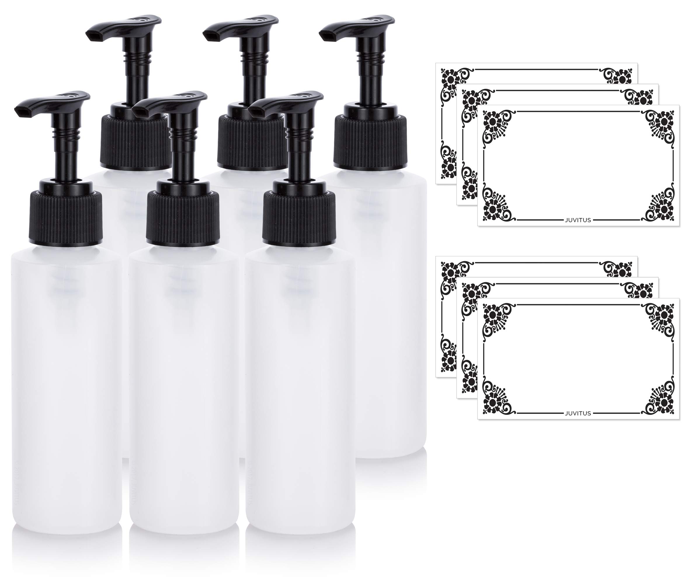 4 oz Clear Natural Refillable Plastic Squeeze Bottle with Black Lotion Pump (6 Pack) + Labels