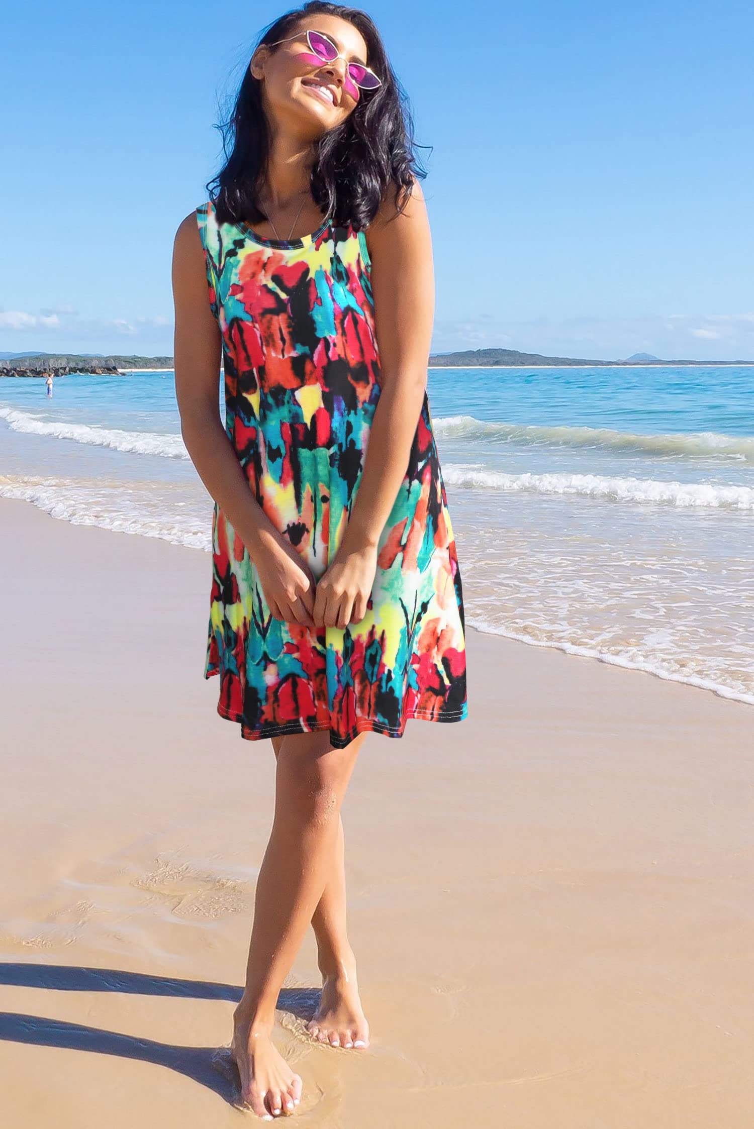 Beach Dresses for Women Summer Tshirt Floral Sundress Sleeveless Pockets Casual Loose Tank Dress(S2-COL,L) Multicolor