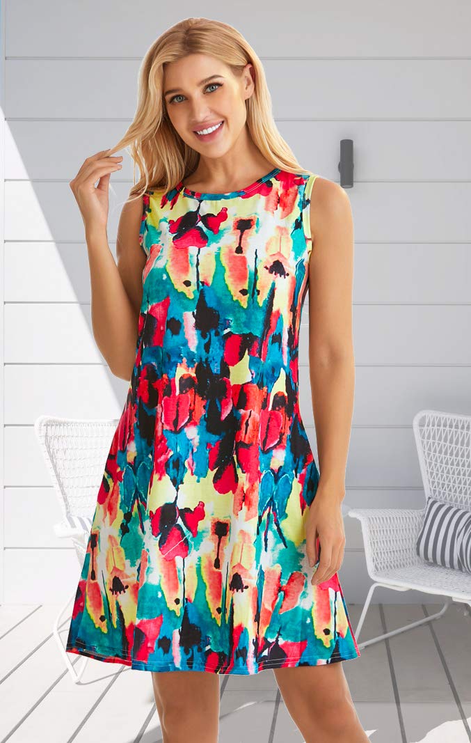 Beach Dresses for Women Summer Tshirt Floral Sundress Sleeveless Pockets Casual Loose Tank Dress(S2-COL,L) Multicolor