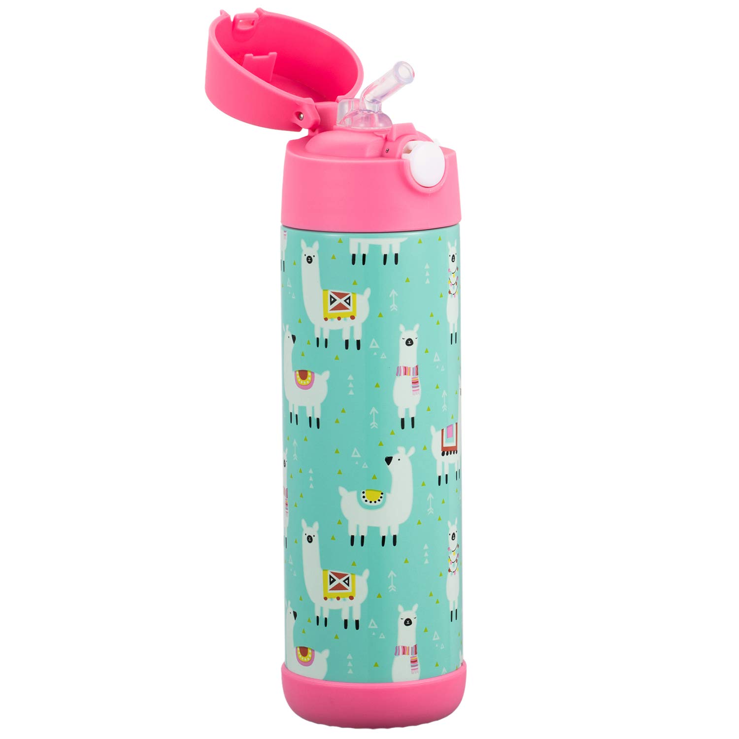 Snug Kids Water Bottle - insulated stainless steel thermos with straw (Girls/Boys) - Llamas, 17oz
