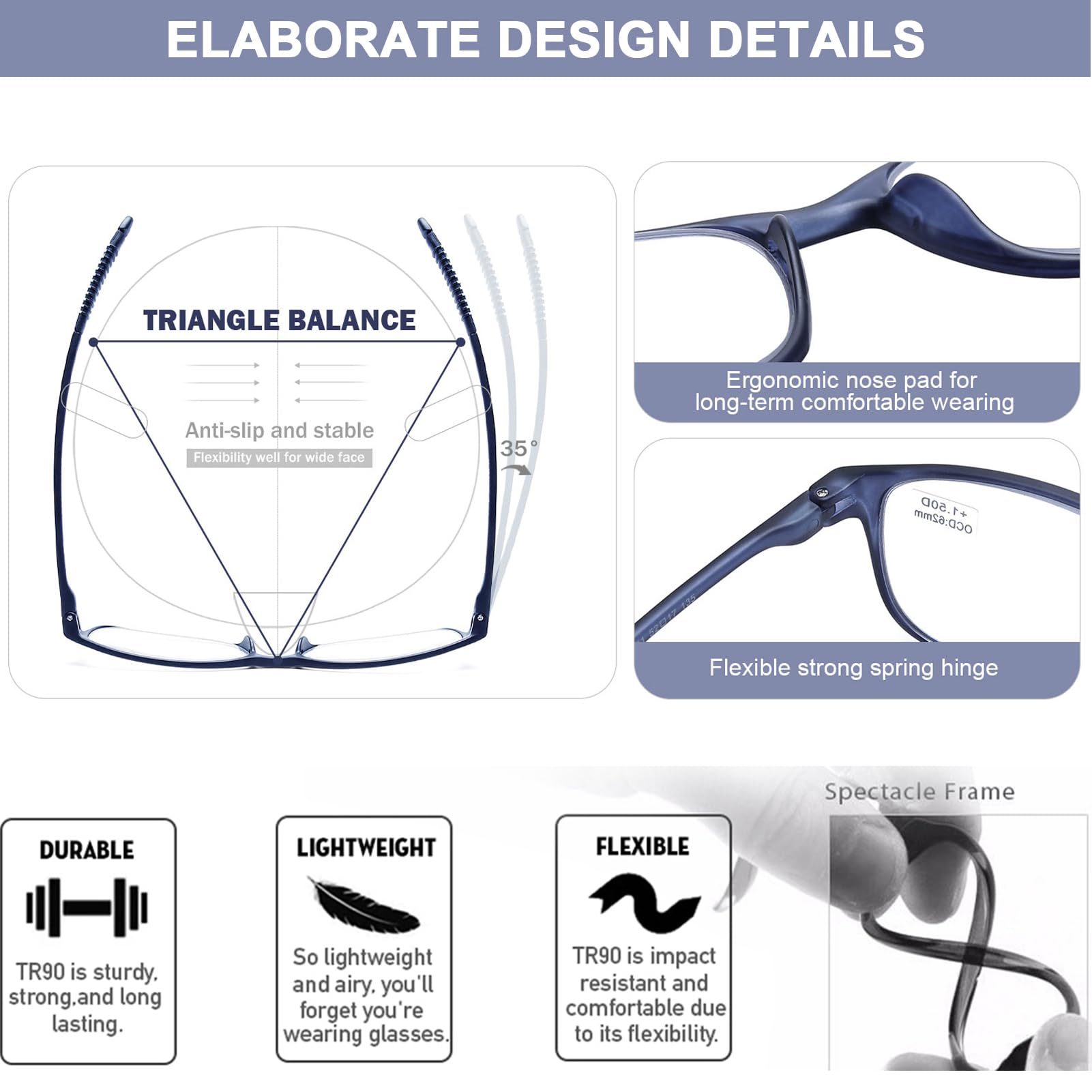AQWANO Reading Glasses Men Women Computer Blue Light Blocking, 4 Pack Lightweight TR90 Flexible Frame Comfort Durable Readers Glasses, +1.25