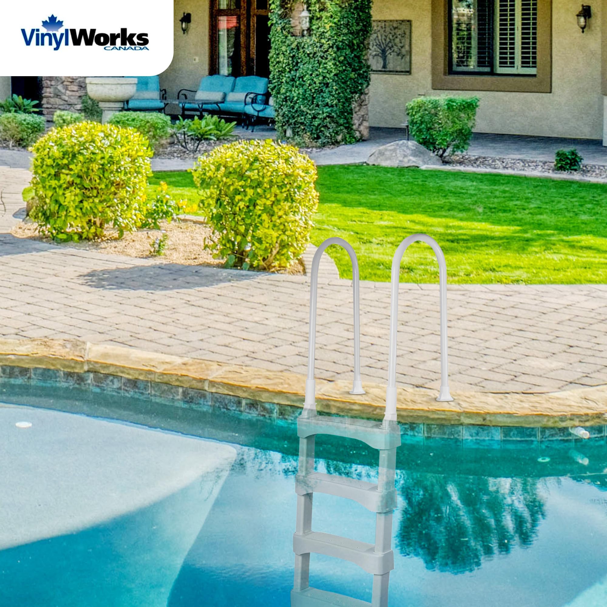 Vinyl Works Heavy Duty Anti Slip Plastic Step Ladder for Above Ground or In Ground Swimming Pools with Ergonomic Aluminum Handrails, White