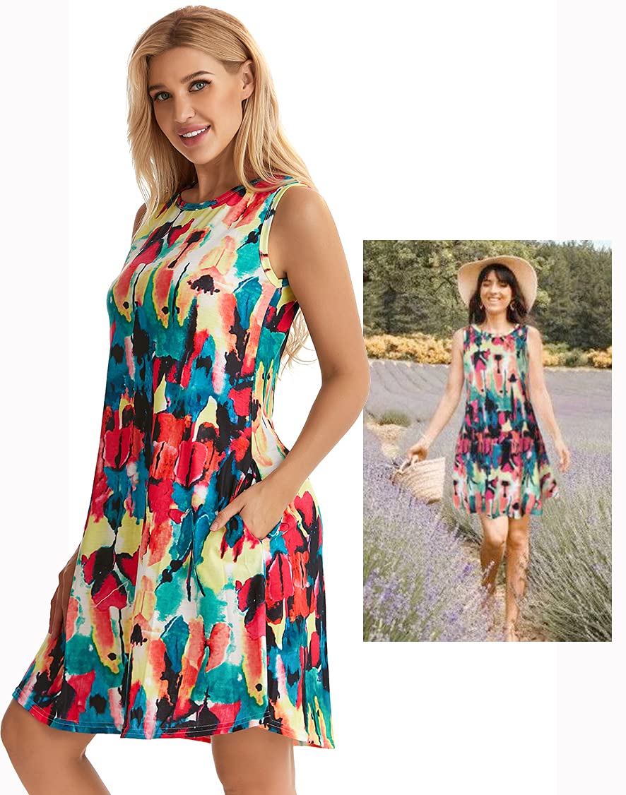 Beach Dresses for Women Summer Tshirt Floral Sundress Sleeveless Pockets Casual Loose Tank Dress(S2-COL,L) Multicolor
