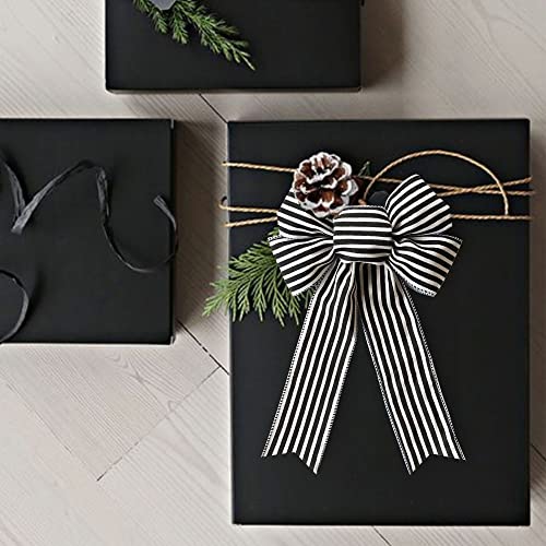 Cintago 6pcs Black and White Striped Bows for Wreath,8x12.5 Inches,Ticking Christmas Bows,Gift Bows,Holiday Bows for Craft