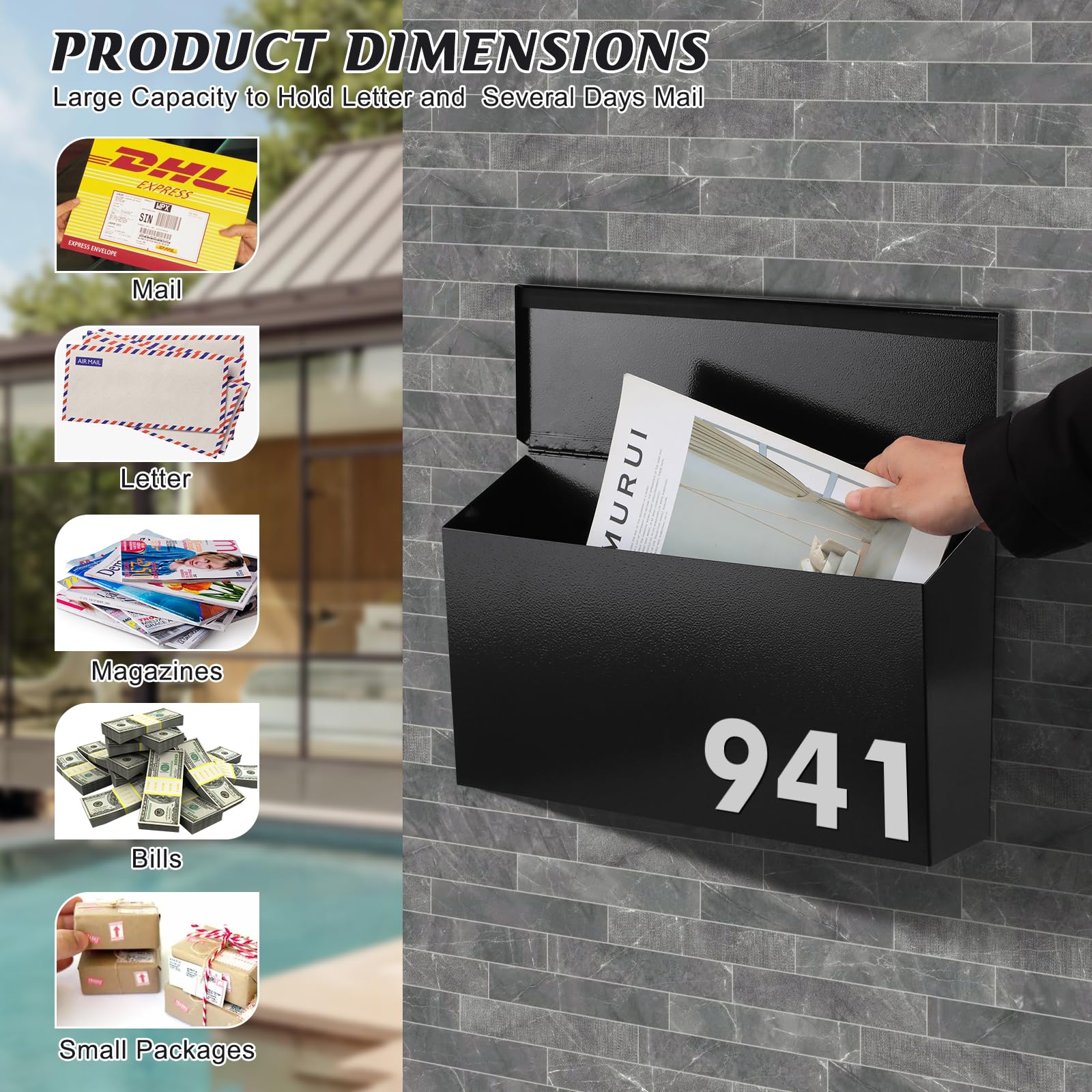 KYODOLED Wall-Mount Mailbox for House,Large Capacity Mail Box,Galvanized Steel Rust-Proof Metal Post Box,Mailboxes for Outside,15.7"x9.9"x4.9" Black