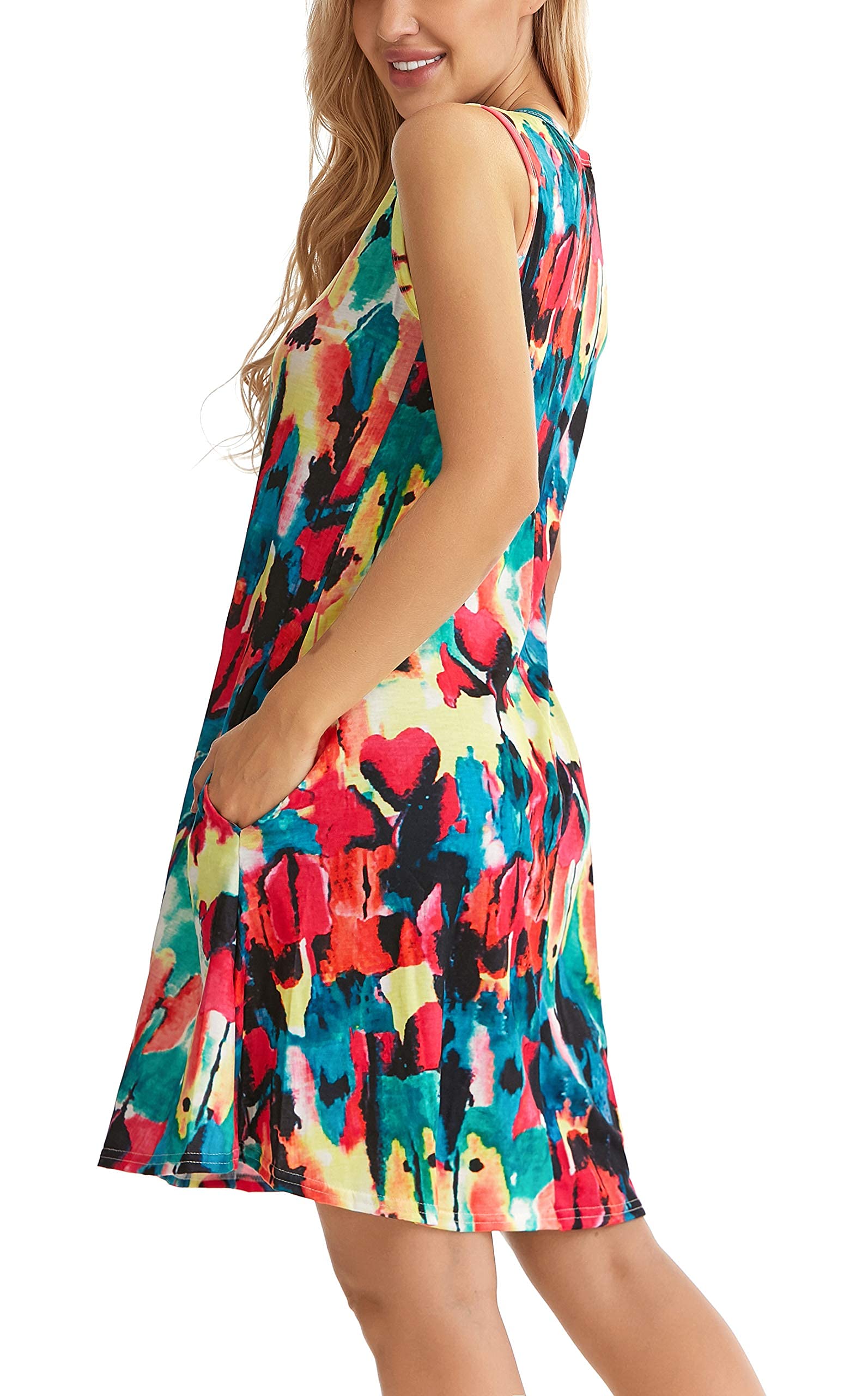 Beach Dresses for Women Summer Tshirt Floral Sundress Sleeveless Pockets Casual Loose Tank Dress(S2-COL,L) Multicolor