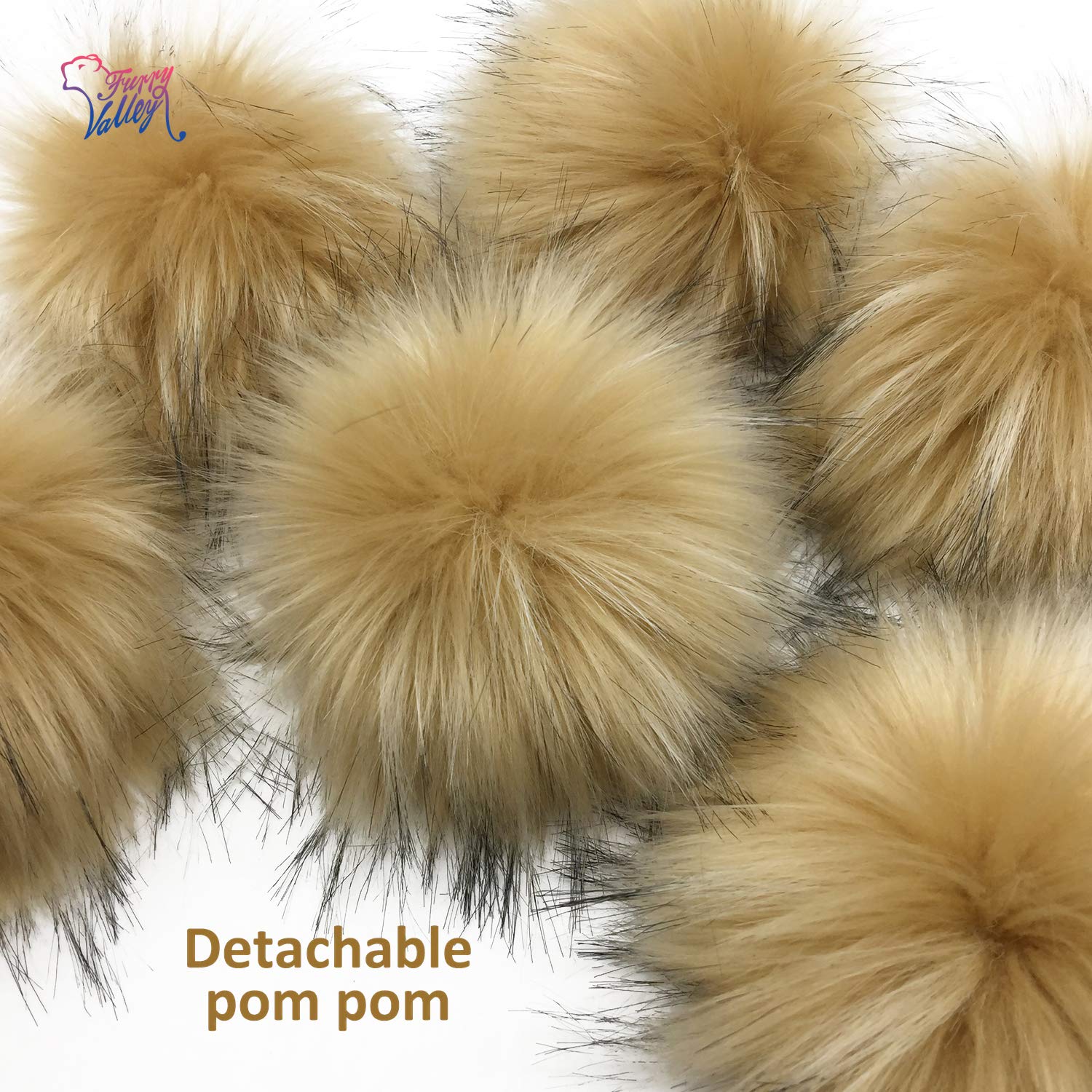 Furryvalley Faux Fur Pompom 6pcs DIY Crafts Fluffy Balls for Hat Shoes Scarves with Snap Fastener Removable Knitting Hat Horse Riding Hat Silk Accessories 6 Inch Extra Large(Khaki)