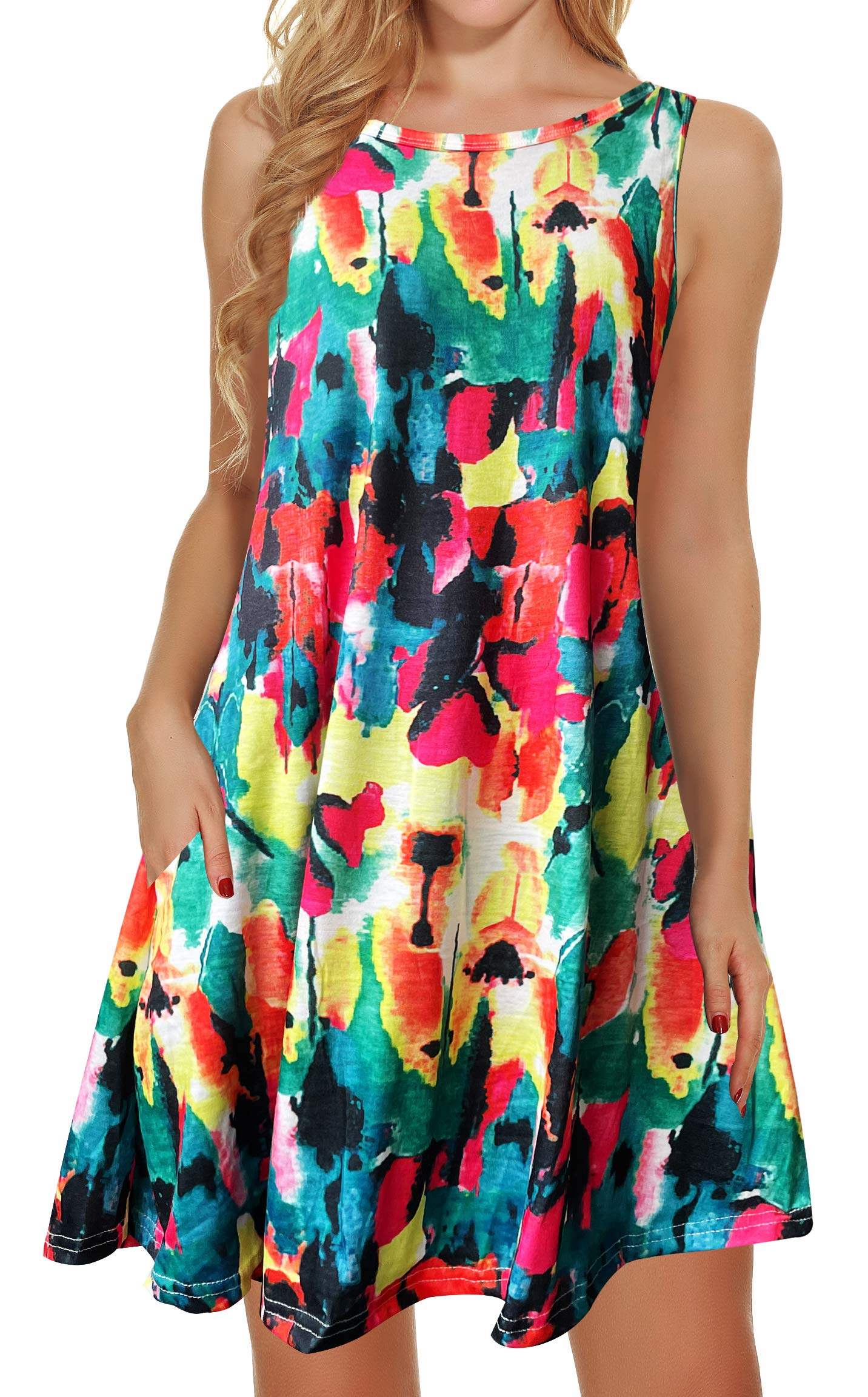 Beach Dresses for Women Summer Tshirt Floral Sundress Sleeveless Pockets Casual Loose Tank Dress(S2-COL,L) Multicolor