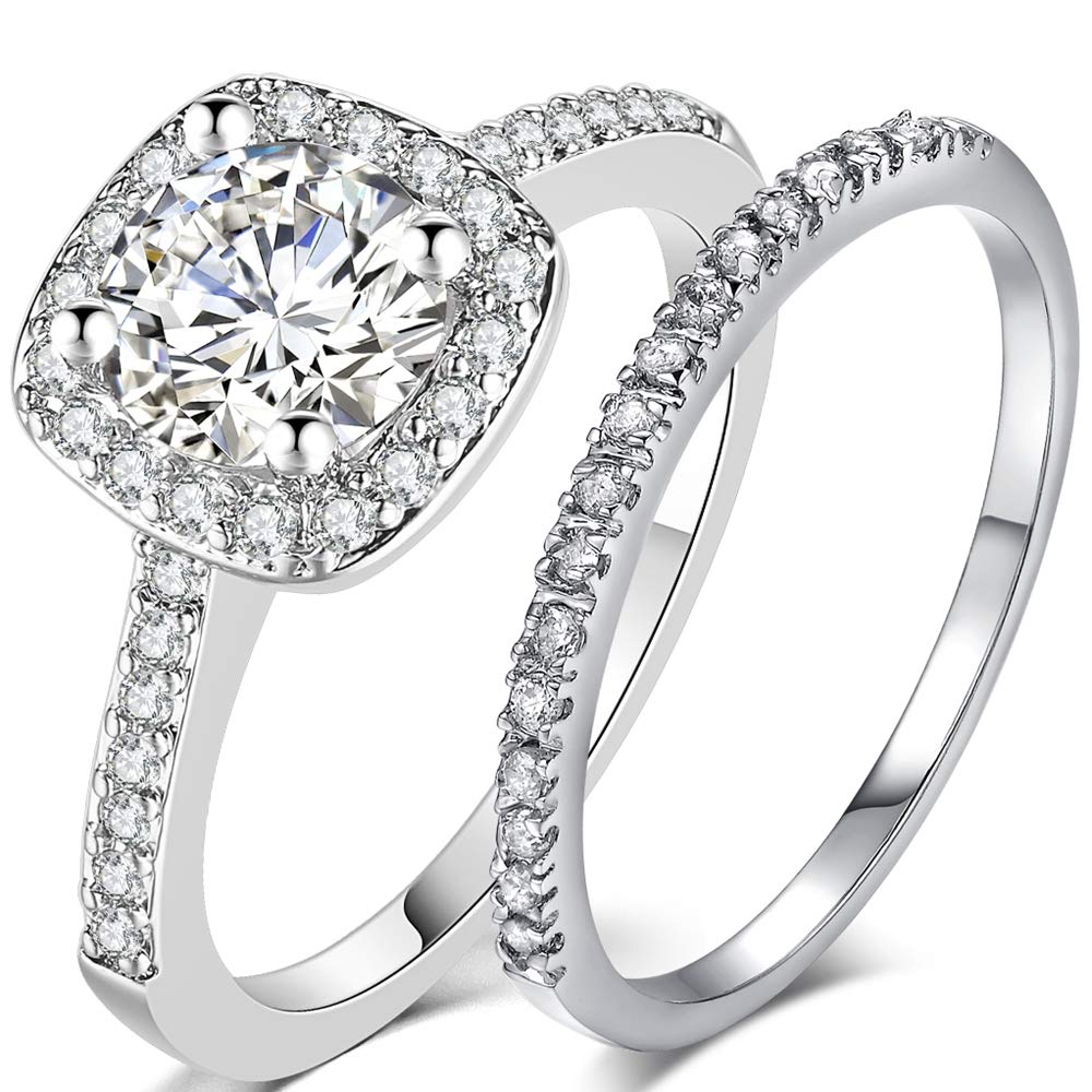 Jude Jewelers Silver Rose Gold 2 Carat Wedding Engagement Eternity Bridal Ring Set (Silver, 5)