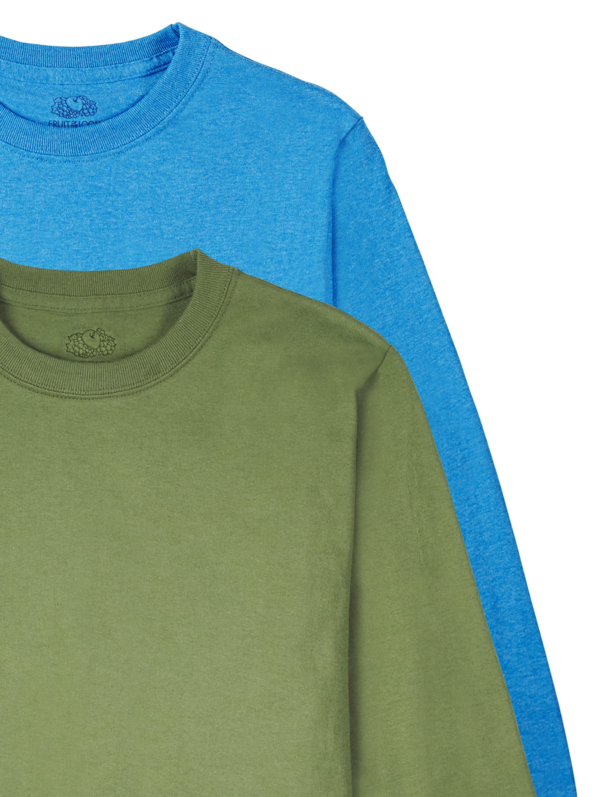 Fruit of the Loom Boys' Solid Multi-Color Soft Long Sleeve T-Shirts, 2 Pack, PARROT BLUE HEATHER/CHIVE, Large