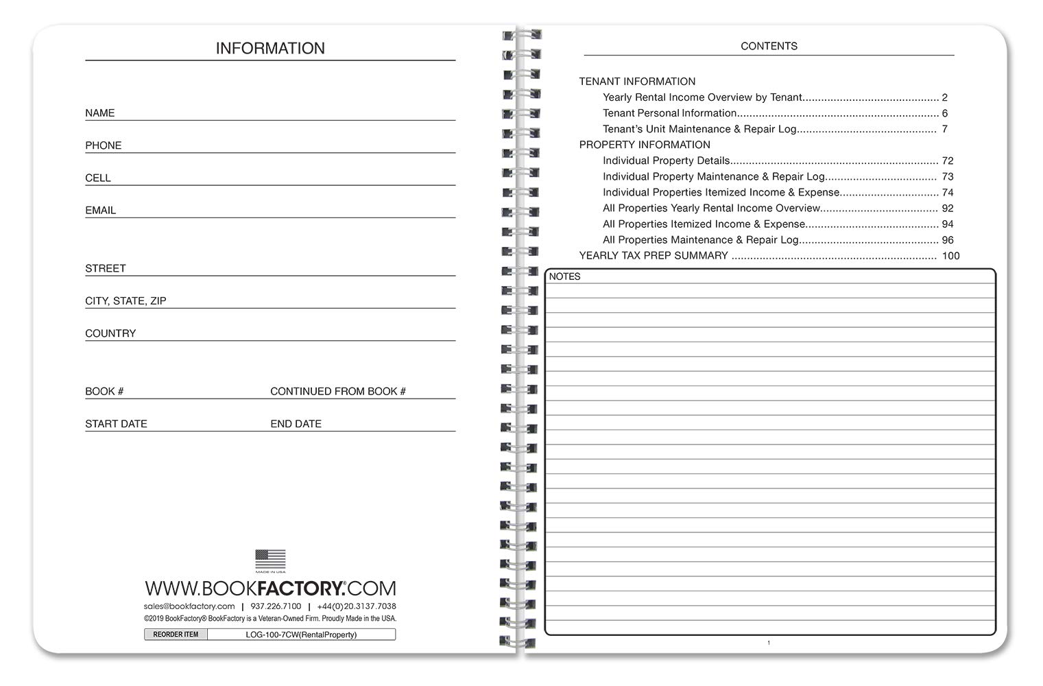 BookFactory Rental Property Record Book/Landlord Renter Record Keeping Log Book - Wire-O, 100 Pages, 8.5" x 11" (LOG-100-7CW(RentalProperty)-RX)