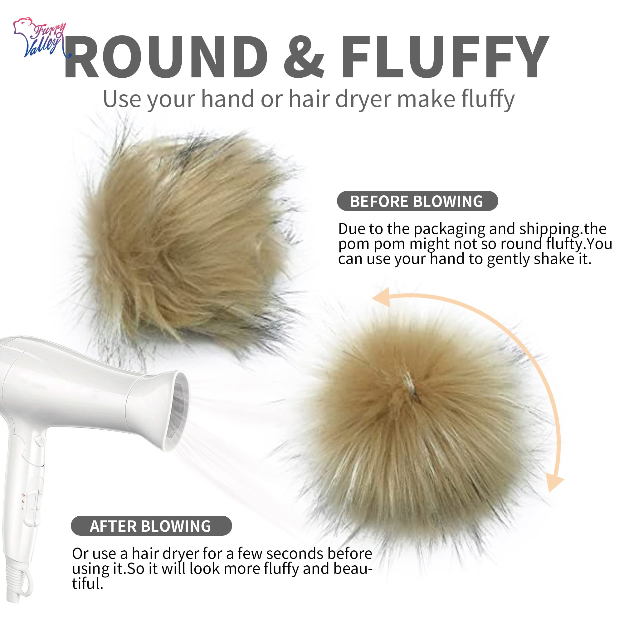 Furryvalley Faux Fur Pompom 6pcs DIY Crafts Fluffy Balls for Hat Shoes Scarves with Snap Fastener Removable Knitting Hat Horse Riding Hat Silk Accessories 6 Inch Extra Large(Khaki)