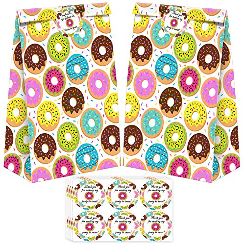 24 Pack Donut Party Candy Favor Bags with Stickers, Donut Goodie Gift Treat Bags Donut Themed Birthday Party Supplies