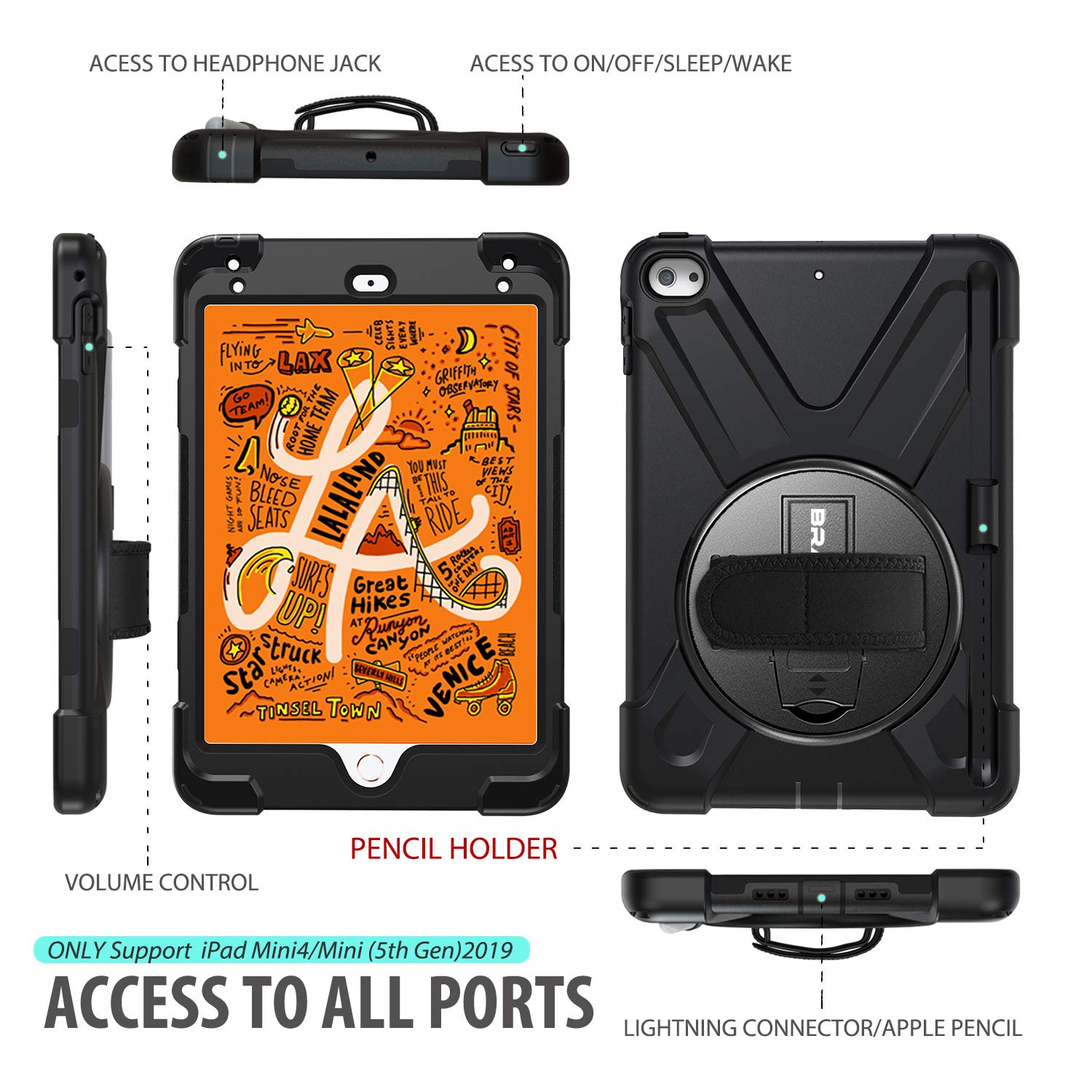 BRAECN iPad Mini 5 Case,iPad Mini 4 Case, Heavy Duty Shockproof Protective Rugged Case with Pencil Holder,Hand Strap,Kickstand, Shoulder Strap for iPad Mini 5th/4th Generation 7.9 Inch for Kids-Black