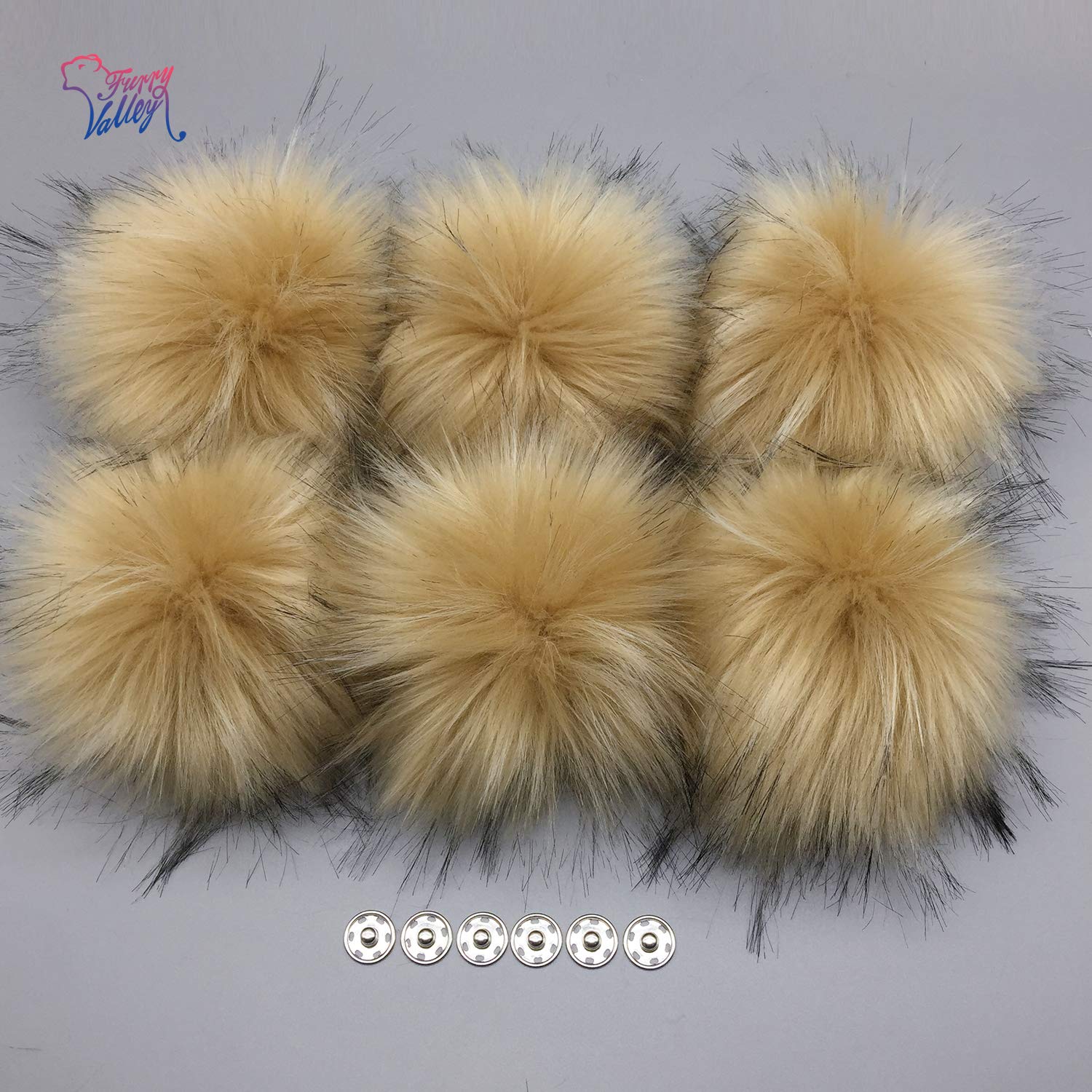 Furryvalley Faux Fur Pompom 6pcs DIY Crafts Fluffy Balls for Hat Shoes Scarves with Snap Fastener Removable Knitting Hat Horse Riding Hat Silk Accessories 6 Inch Extra Large(Khaki)