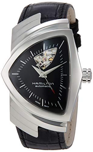 Hamilton Watch Ventura Open Heart Auto | Swiss Made | 34.7mm x 53.5mm Stainless Steel Case | Black Dial Analog Watch | Black Leather Strap (Model: H24515732)