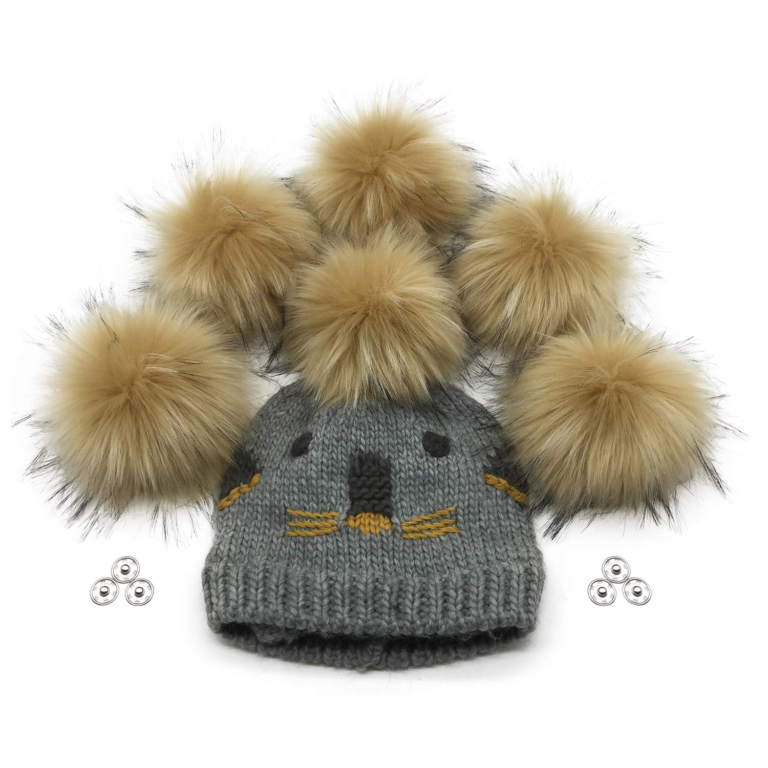 Furryvalley Faux Fur Pompom 6pcs DIY Crafts Fluffy Balls for Hat Shoes Scarves with Snap Fastener Removable Knitting Hat Horse Riding Hat Silk Accessories 6 Inch Extra Large(Khaki)