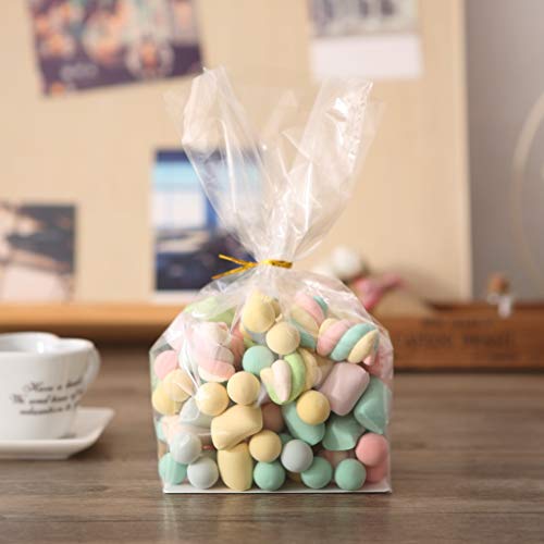 100 Clear Flat Bottomed Treat Bags with Paper Insert Twist Ties - Heat Seal Gift Wrap Polyethylene Bag for Sandwich Cookie Presenting Packaged Candy Popcorn Bakery by Quotidian (5" x 3" x 11")