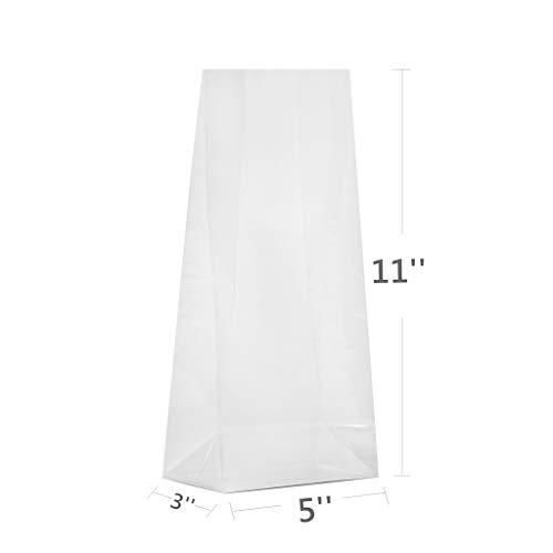 100 Clear Flat Bottomed Treat Bags with Paper Insert Twist Ties - Heat Seal Gift Wrap Polyethylene Bag for Sandwich Cookie Presenting Packaged Candy Popcorn Bakery by Quotidian (5" x 3" x 11")