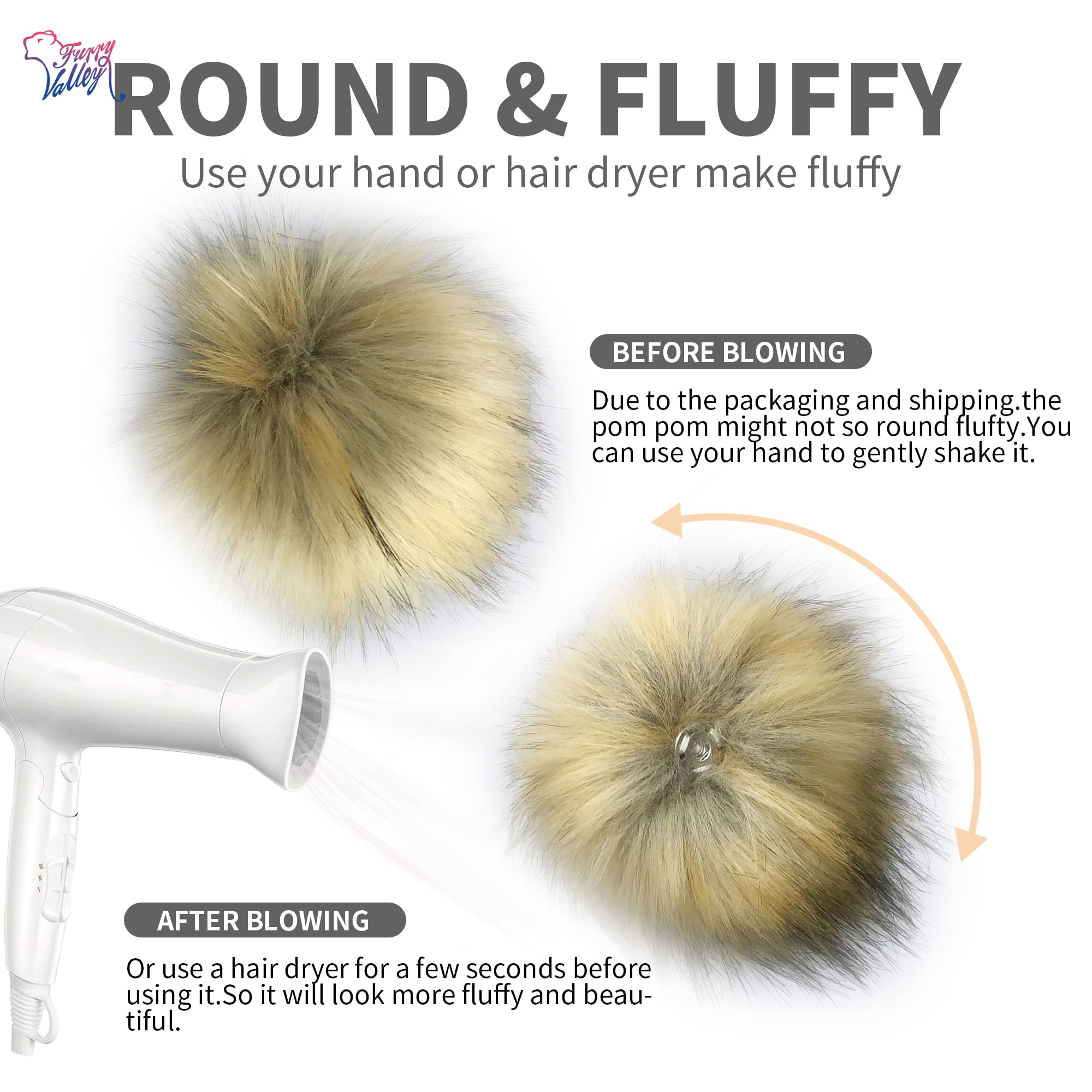 Furryvalley Faux Fur Pompom 6pcs DIY Crafts Fluffy Balls for Hat Shoes Scarves with Snap Fastener Removable Knitting Hat Horse Riding Hat Silk Accessories 6 Inch Extra Large(Brown)