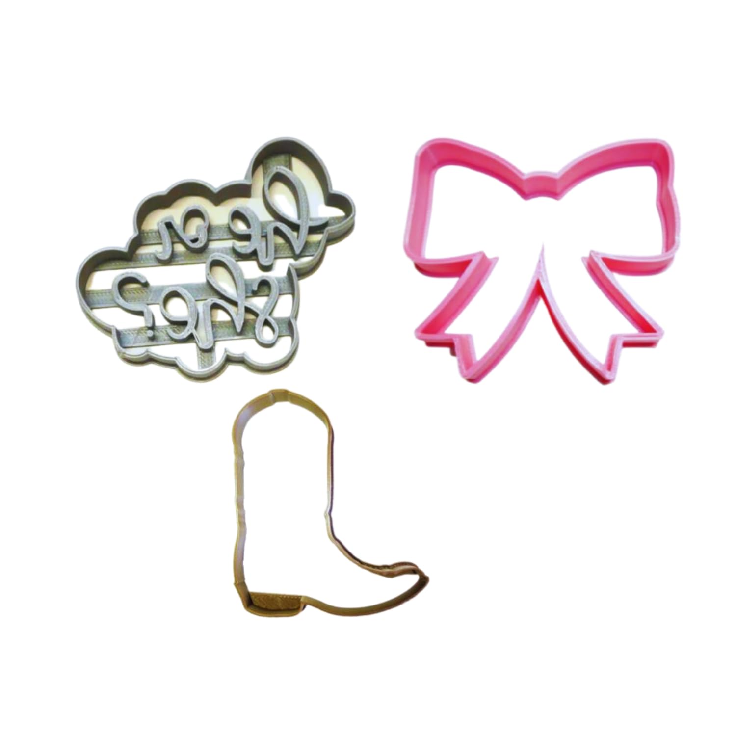 BOOTS OR BOWS GENDER REVEAL HE OR SHE BABY SHOWER SET OF 3 COOKIE CUTTERS MADE IN USA PR1198