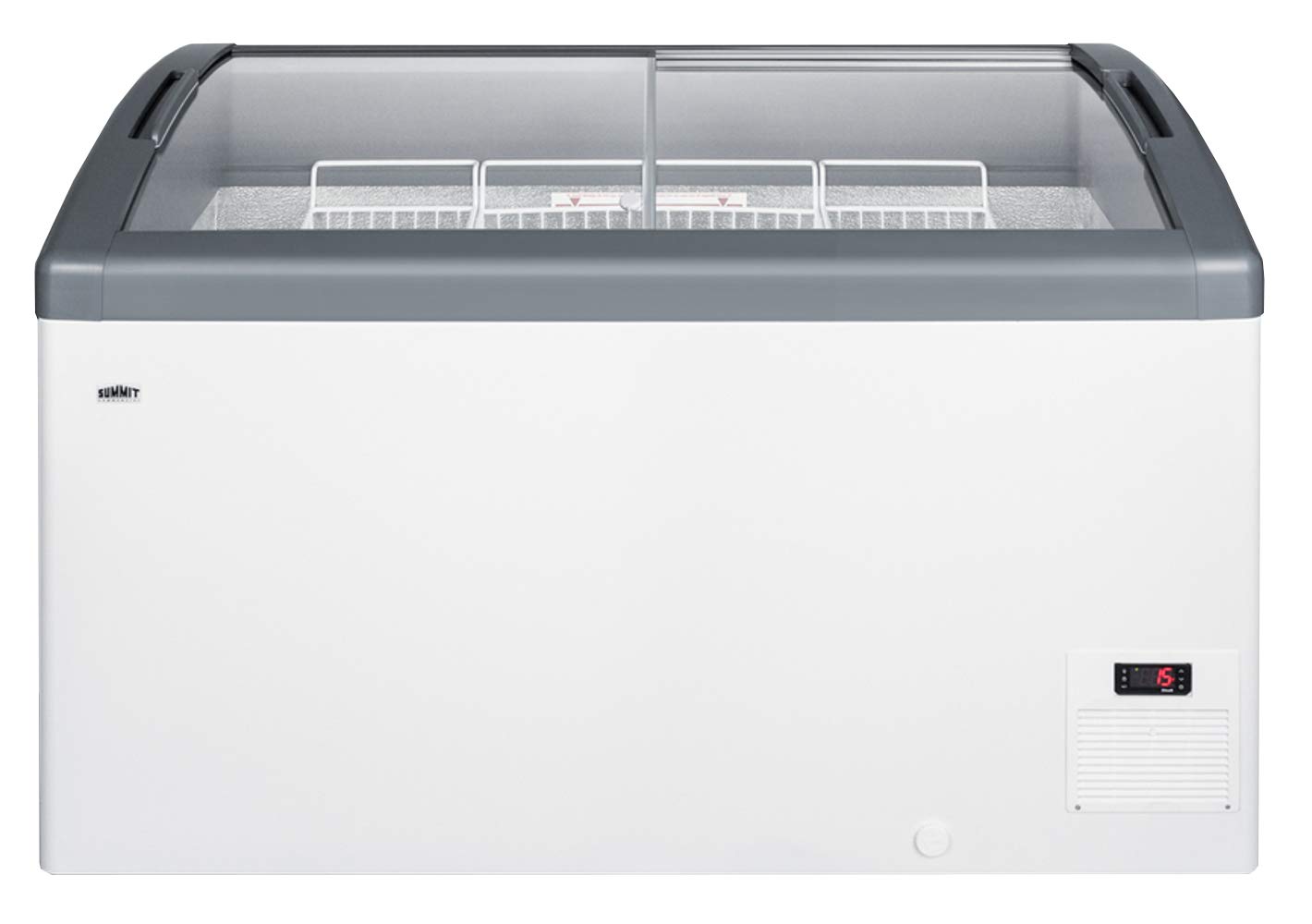 Summit FOCUS131 Top Display Commercial Freezer with 12.4 cu. ft. Capacity Digital Thermostat Sliding Glass Lid Manual Defrost Casters Hammered Aluminum Interior in White