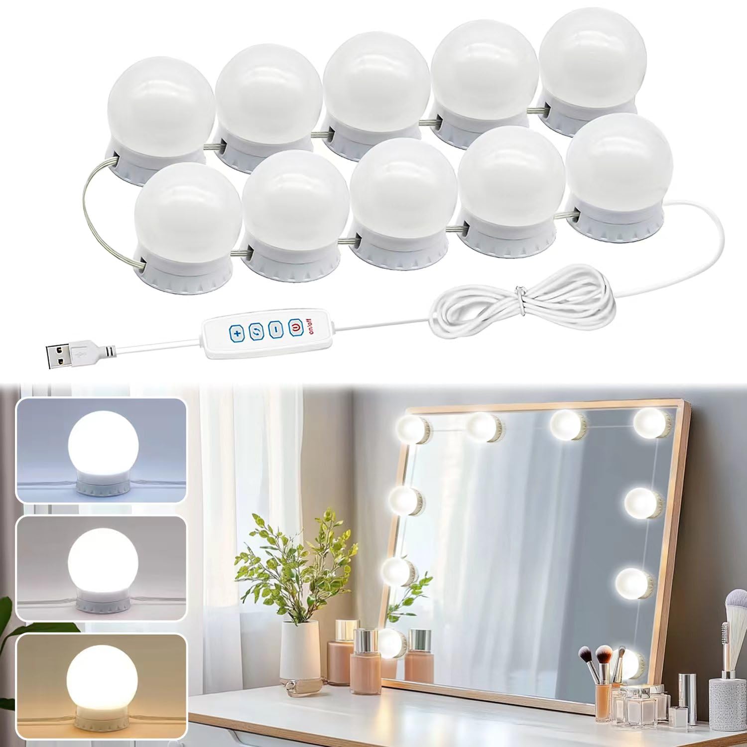 Pretmess Vanity Lights for Mirror, Hollywood Style Vanity Lights with 10 dimmable Bulbs,Adjustable Color & Brightness,USB Cable(No Mirror Include)