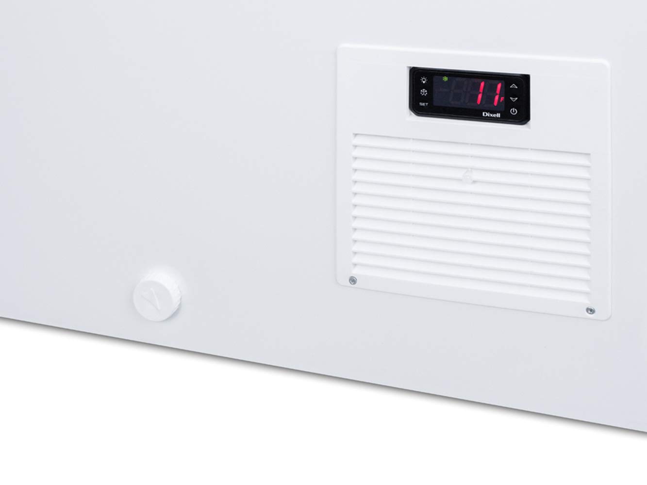 Summit FOCUS131 Top Display Commercial Freezer with 12.4 cu. ft. Capacity Digital Thermostat Sliding Glass Lid Manual Defrost Casters Hammered Aluminum Interior in White