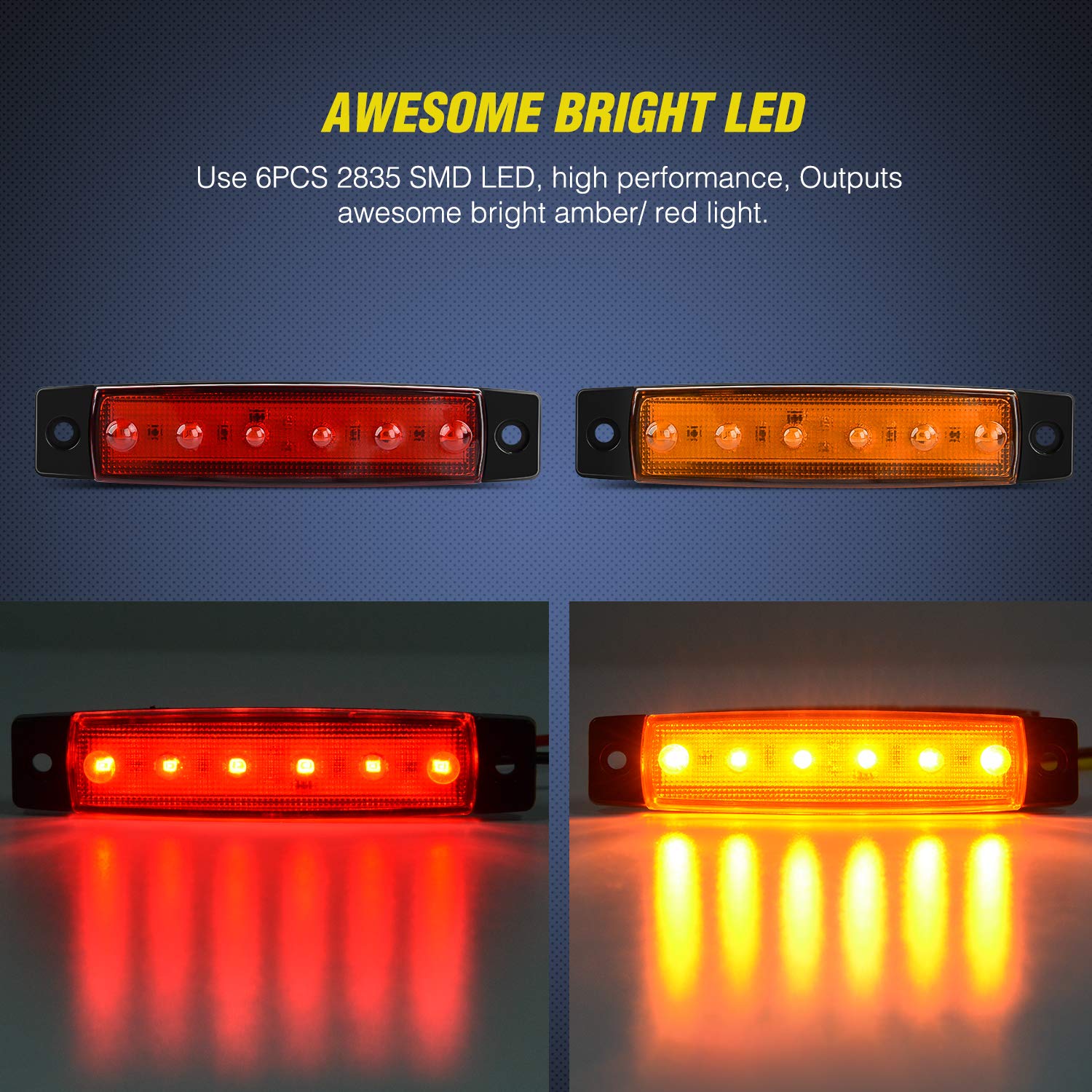 Nilight 10 PCS Amber Red 3.8 Inch 6 LED Side Marker Front Rear Indicator Clearance Lamp for 12V Truck Trailer RV Cab Boat Bus Lorry
