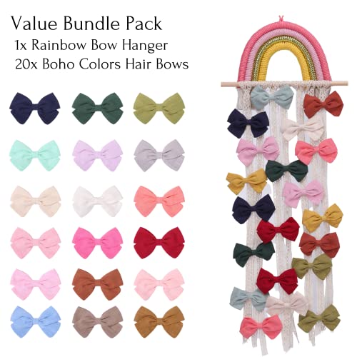 Boho Macrame Bow Holder & 20 Colors Linen Pigtail Bows | Wall Hanging Hair Clip Headband Rainbow Hanger Organizer Piggy Pig Tails Barrettes (Rainbow A)