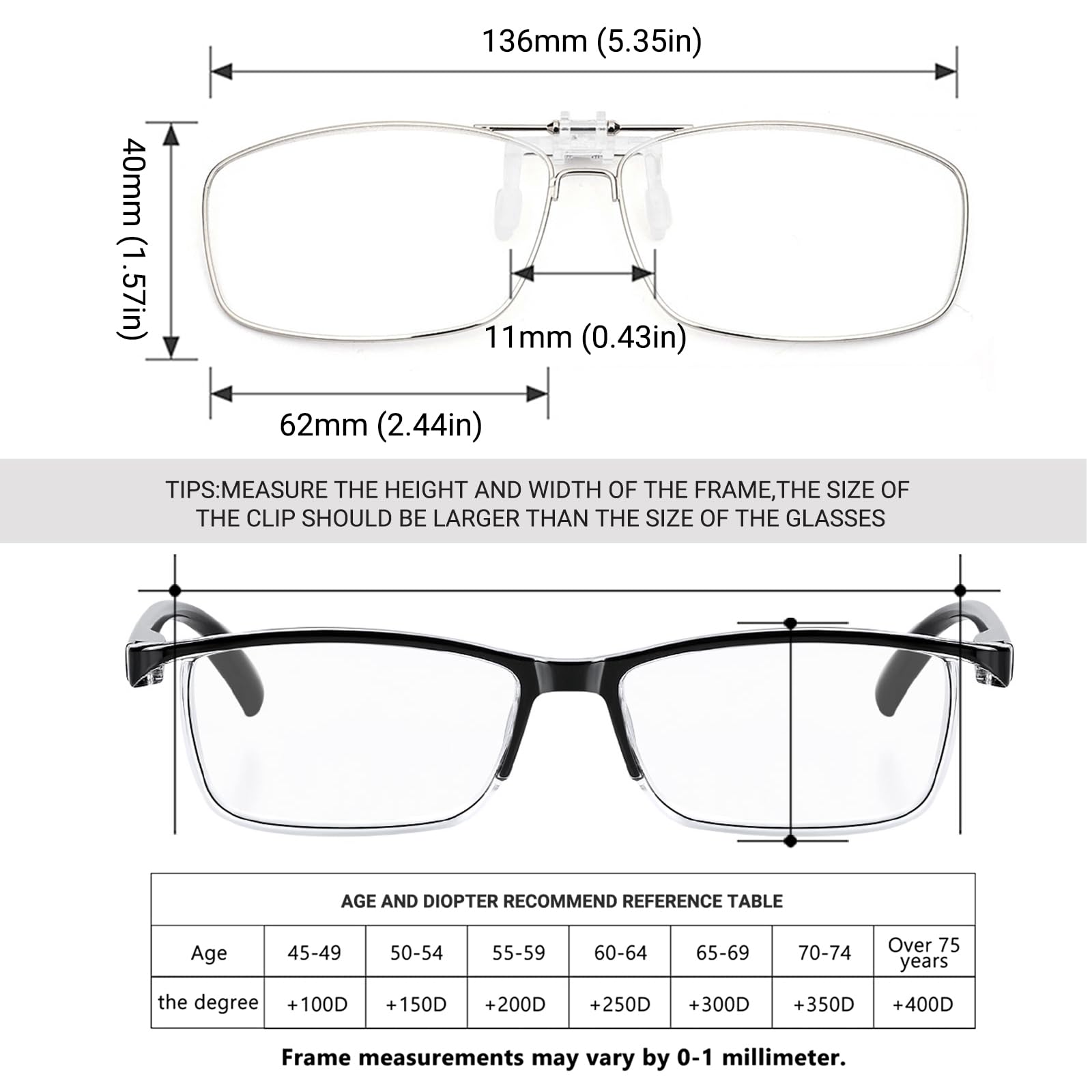 TERAISE Clip On Reading Glasses with Flip Up Function Metal full-Frame Clipped on prescription glasses Designed for myopia Fashion readers for men and women HD lens Portable glasses case(1.5X)