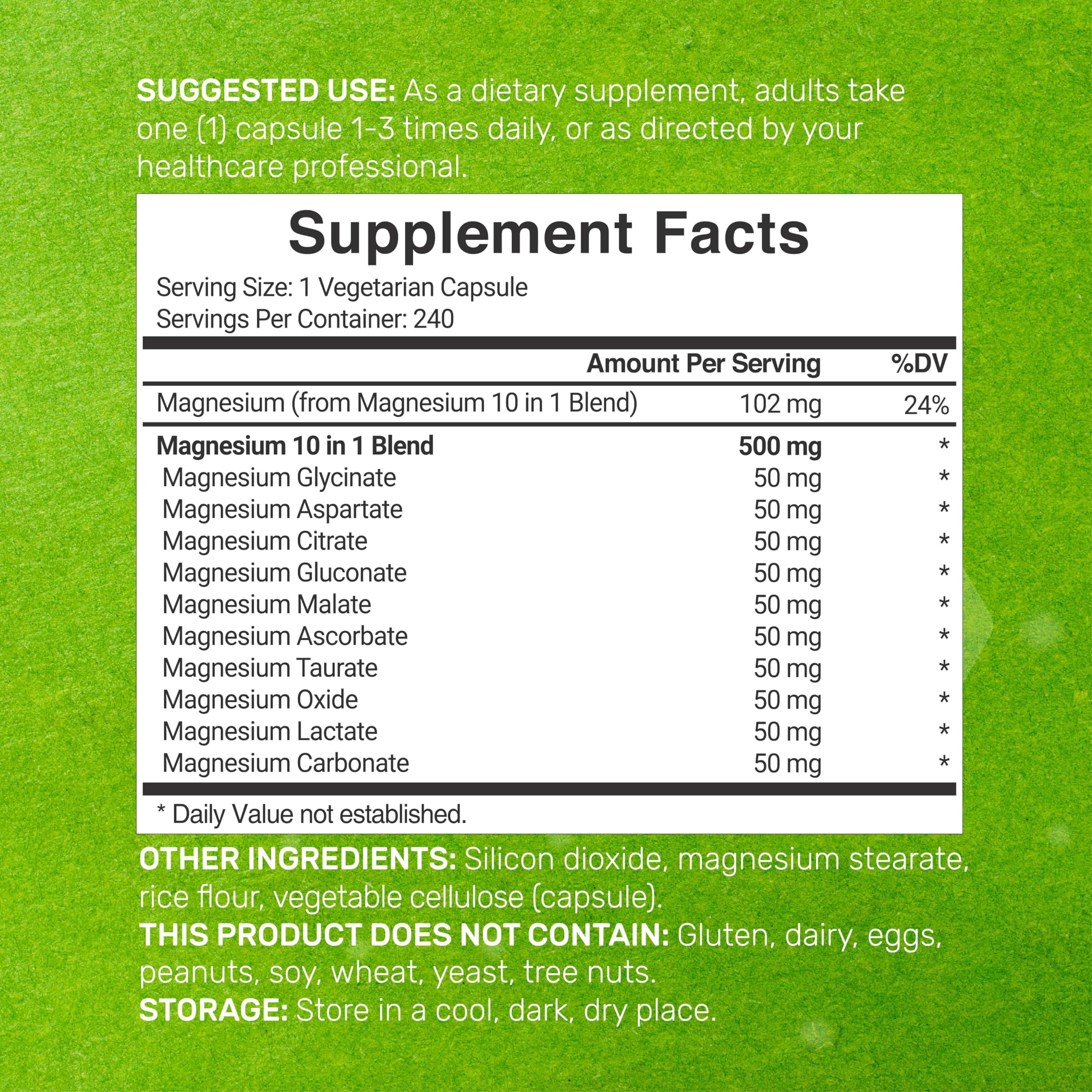Magnesium Complex Supplement 500mg, 240 Veggie Capsules – 10 in 1 – Glycinate, Citrate, Malate, & More – Chelated Minerals for Muscle & Joint Health.