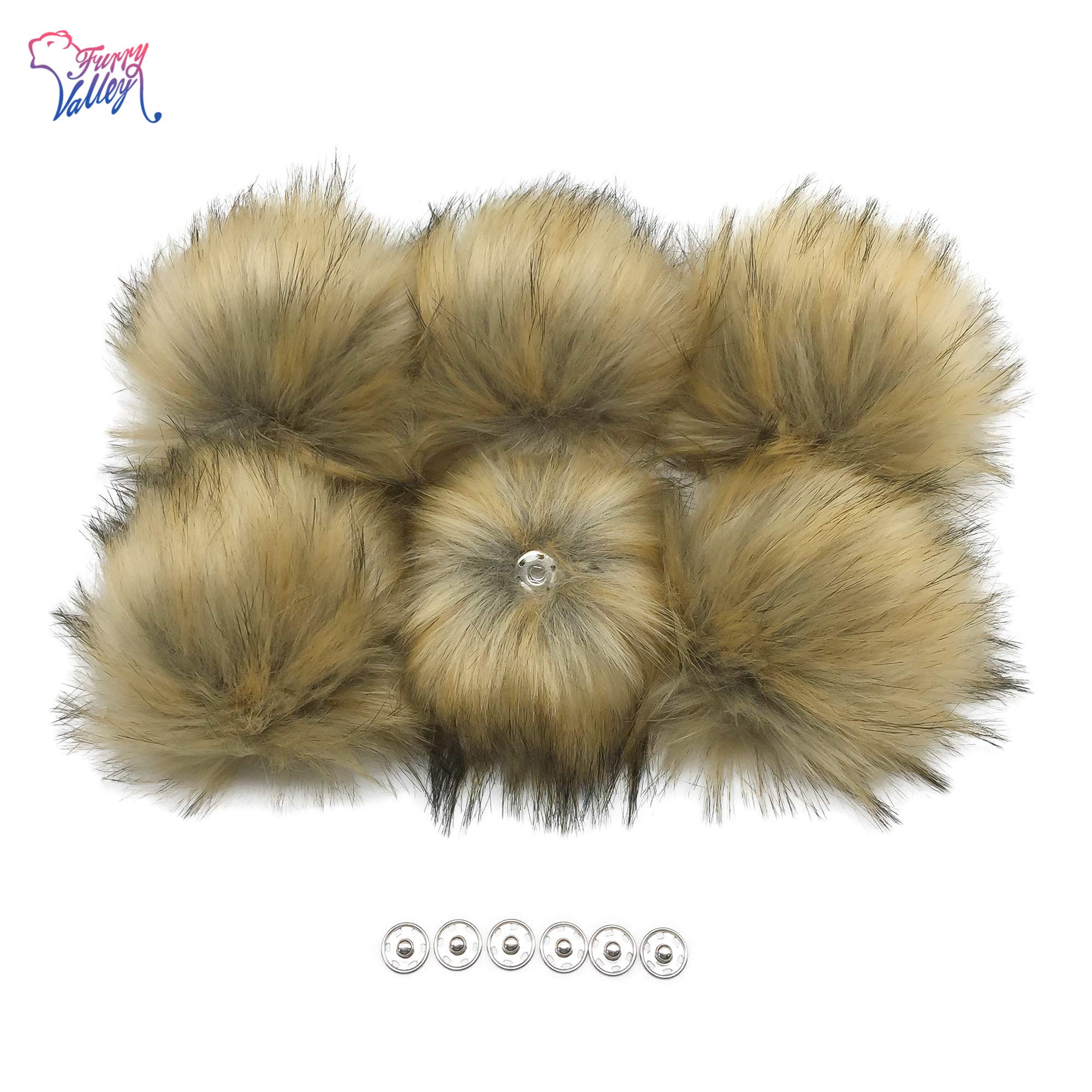 Furryvalley Faux Fur Pompom 6pcs DIY Crafts Fluffy Balls for Hat Shoes Scarves with Snap Fastener Removable Knitting Hat Horse Riding Hat Silk Accessories 6 Inch Extra Large(Brown)