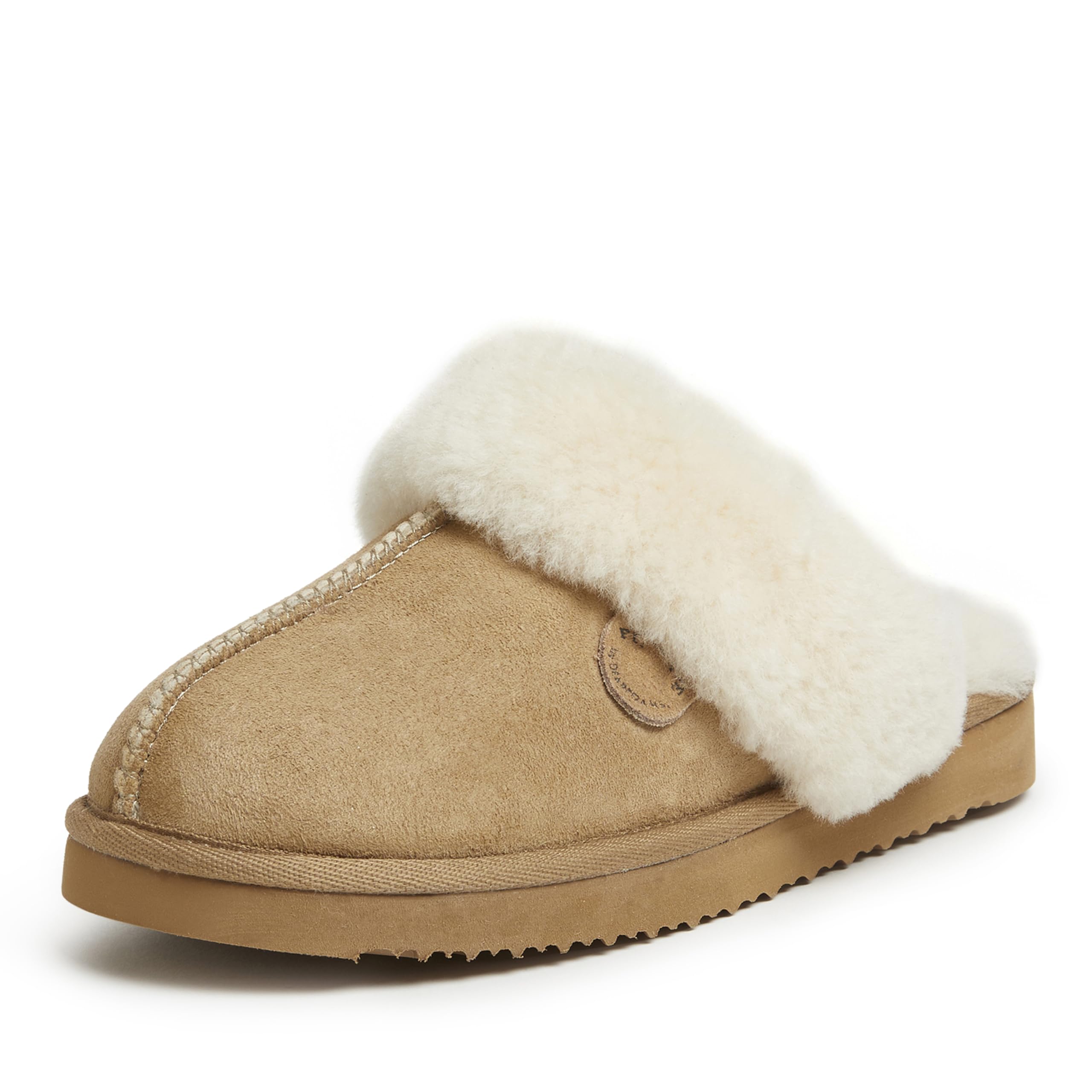 Dearfoams Women's Fireside Sydney Shearling Fur Indoor/Outdoor Scuff Slipper with Wide Widths, Sand, 7