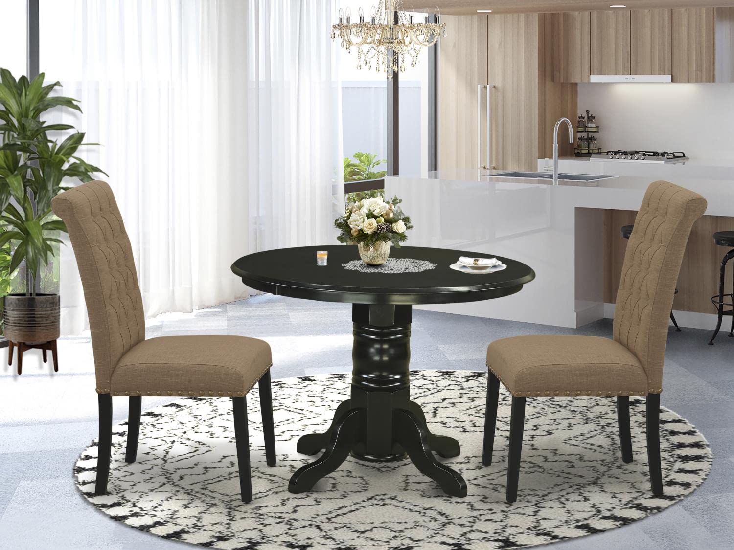 East West Furniture SHBR3-BLK-17 3 Piece Dining Table Set Contains a Round Dining Room Table with Pedestal and 2 Light Sable Linen Fabric Upholstered Chairs, 42x42 Inch, Black