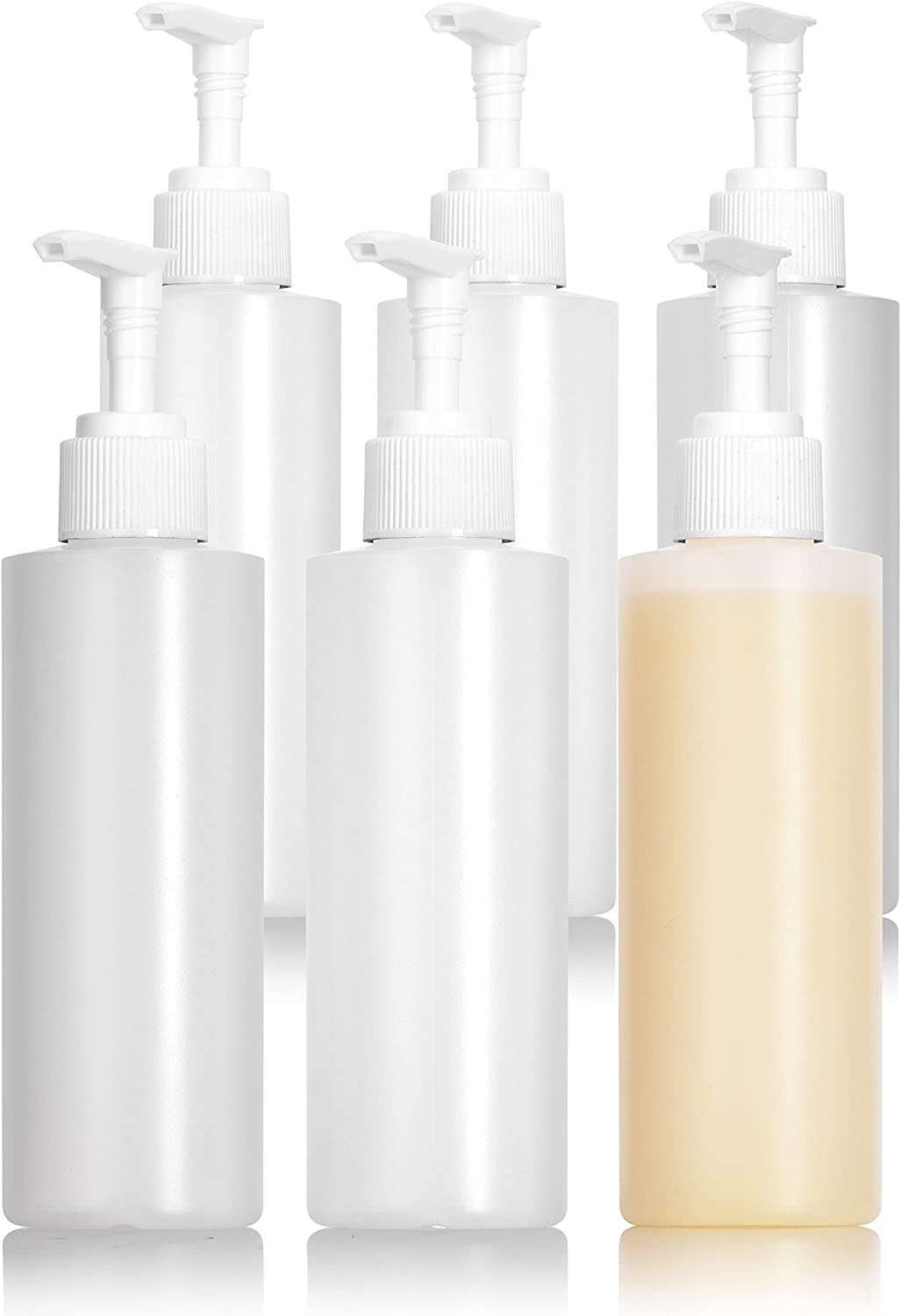 JUVITUS 4 oz Clear Natural Refillable Plastic Squeeze Bottle with White Lotion Pump Dispenser (6 Pack)