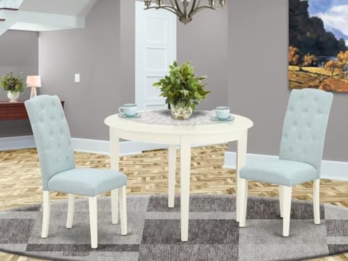 East West Furniture BOCE3-WHI-15 3 Piece Dining Table Set for Small Spaces Contains a Round Kitchen Table and 2 Baby Blue Linen Fabric Parson Dining Room Chairs, 42x42 Inch, Linen White