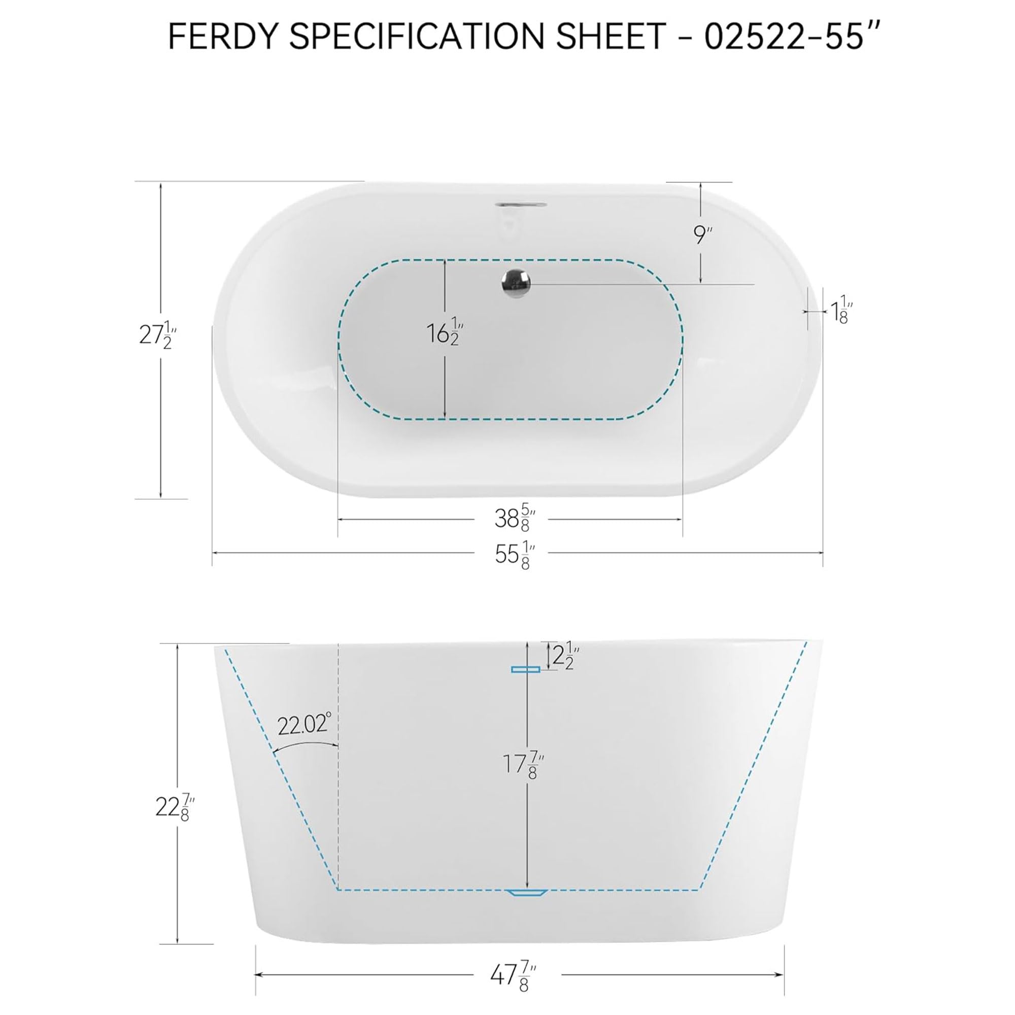 FerdY Shangri-La 55" Acrylic Freestanding Bathtub, Classic Oval Shape Soaking Bathtub with Toe-Tap Chrome Drain and Classic Slotted Overflow Included, Modern White, cUPC Certified