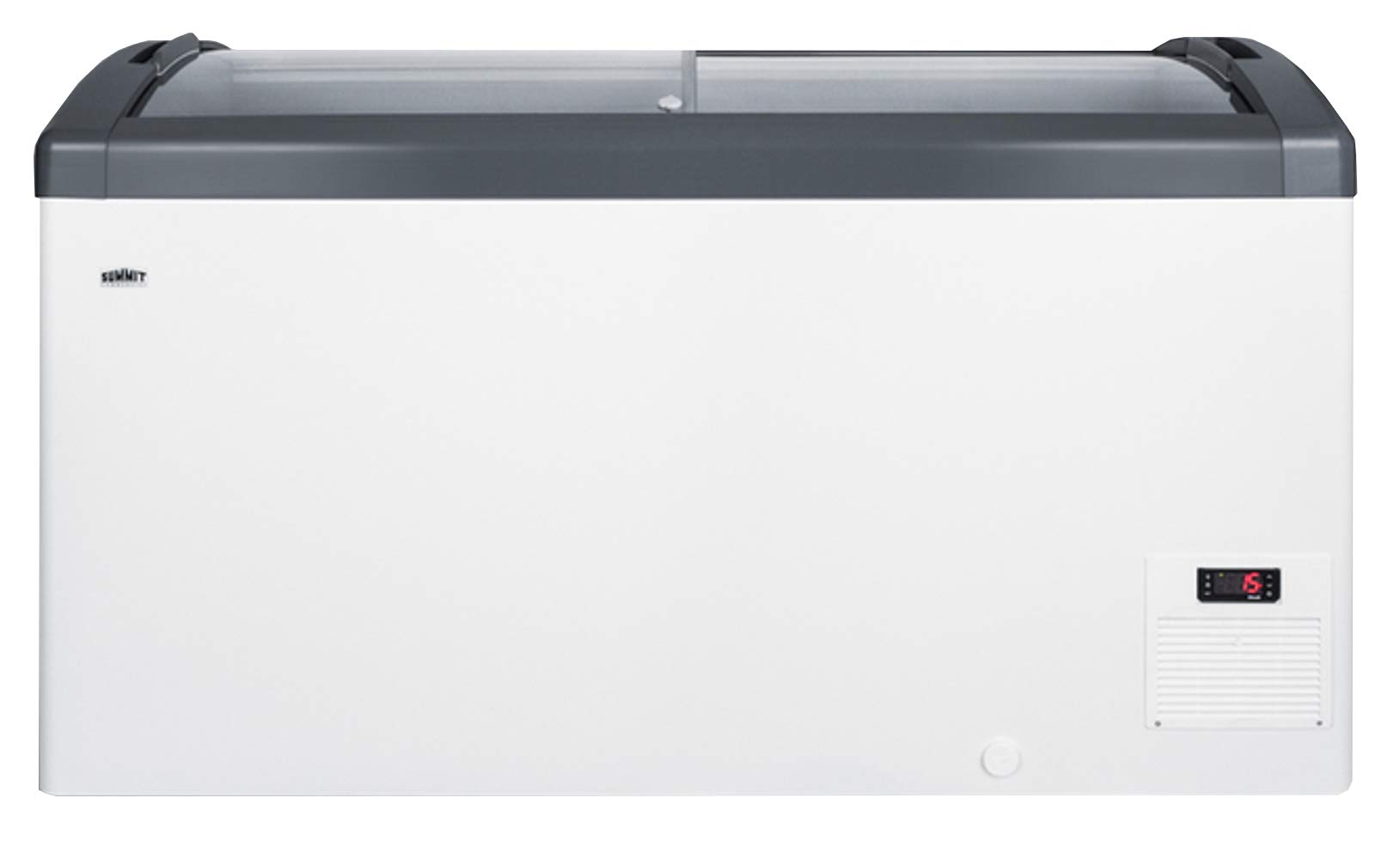 Summit FOCUS131 Top Display Commercial Freezer with 12.4 cu. ft. Capacity Digital Thermostat Sliding Glass Lid Manual Defrost Casters Hammered Aluminum Interior in White