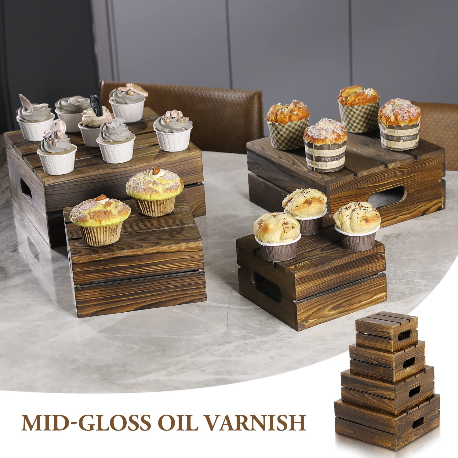 MyGift Burnt Wood Cupcake Stand, Nesting Cake Stand, Appetizer and Dessert Riser, Wooden Crate Style Storage Organizer, Set of 4