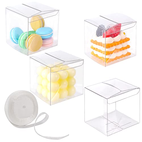 45 Pack Clear Favor Boxes 3x3x3 Inches with Ribbons, Clear Plastic Cube Candy Boxes Party Favor Treat Boxes for Birthday Wedding Baby Shower Party Decorations
