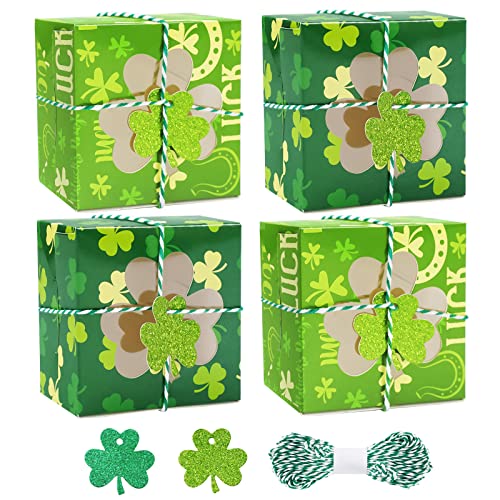 Whaline 20Pcs St. Patrick's Day Treat Boxes with Glitter Gift Tags Green Shamrock Cardboard Box Irish Holiday Paper Gift Container for Cookie Goodie Candy Sweet Party Favor Supplies, 2 Designs
