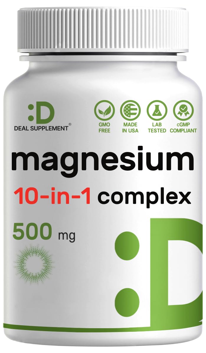 Magnesium Complex Supplement 500mg, 240 Veggie Capsules – 10 in 1 – Glycinate, Citrate, Malate, & More – Chelated Minerals for Muscle & Joint Health.