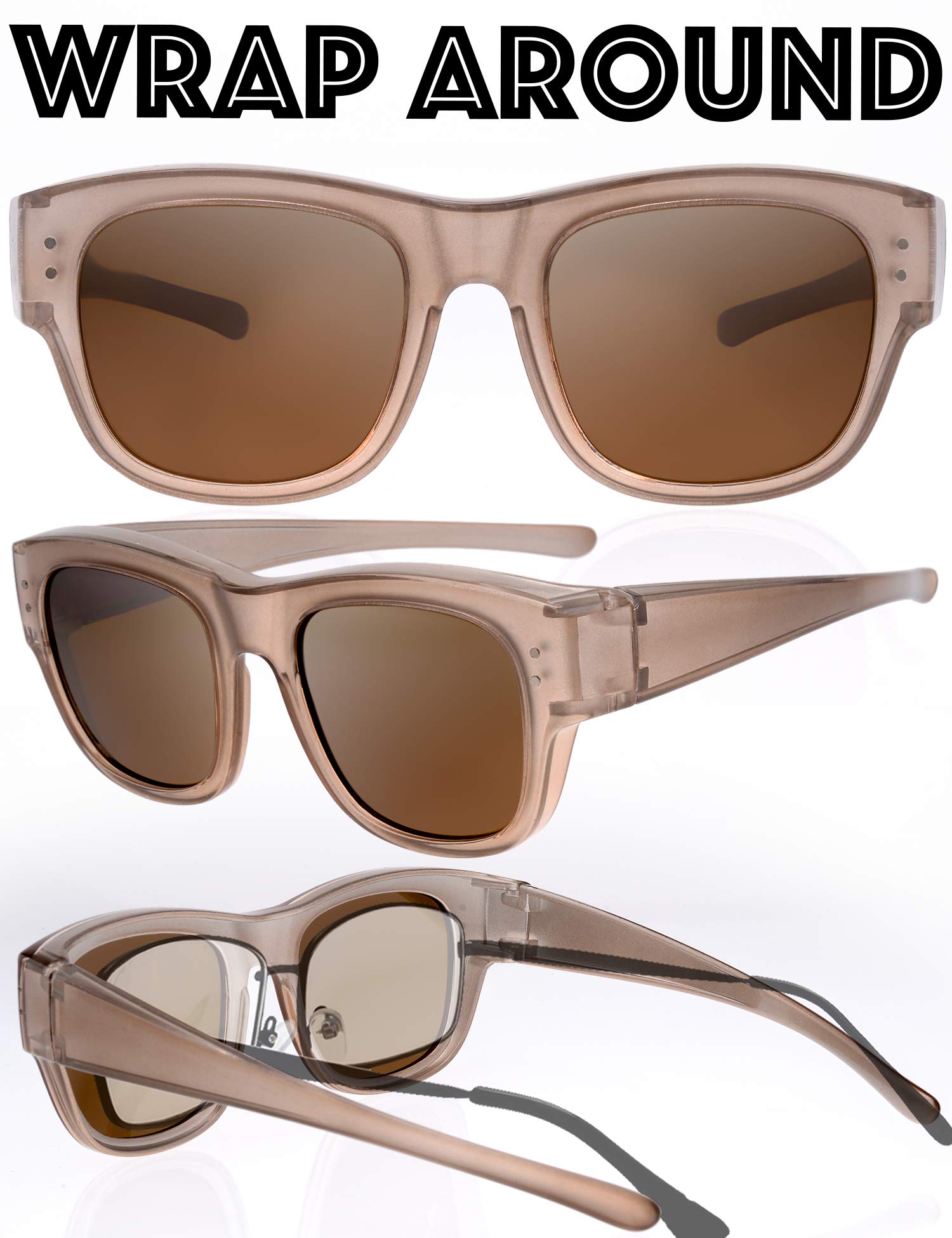 The Fresh High Definition Polarized Wrap Around Shield Oversized Sunglasses for Large Prescription Glasses - Gift Box Package (F602-Champagne for Large Glasses, Brown)