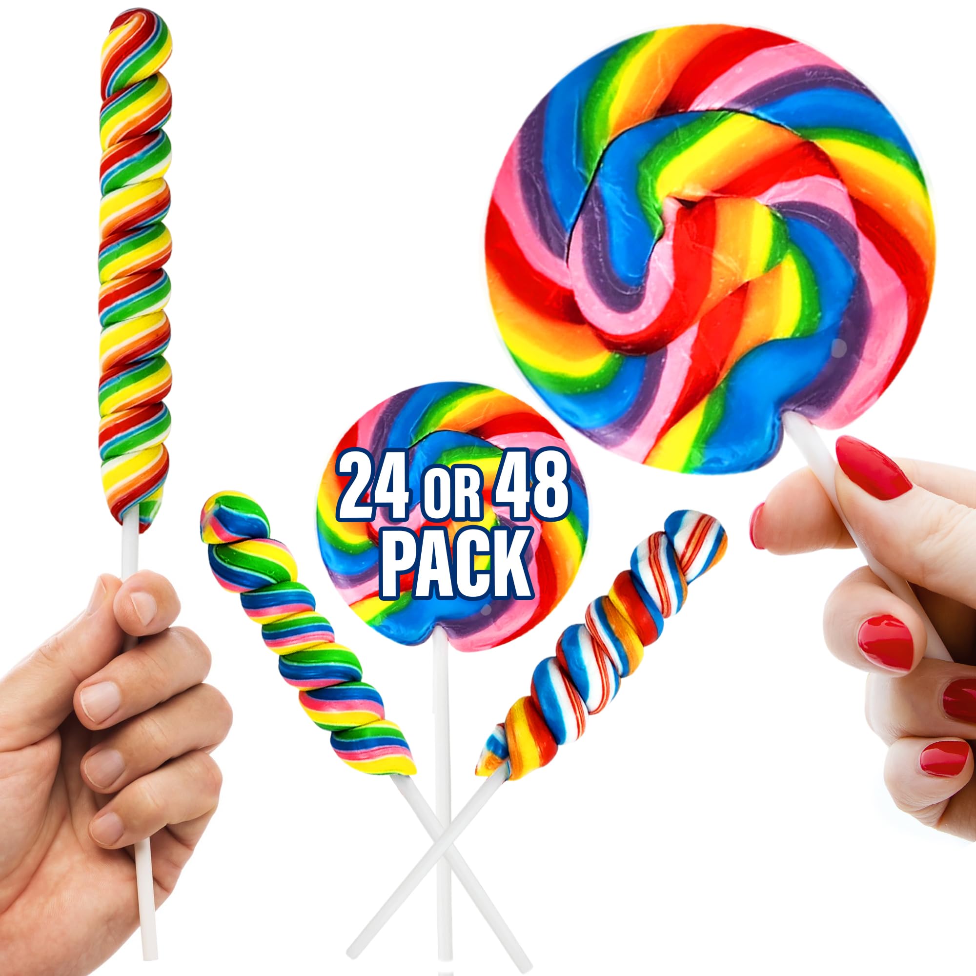 24 Rainbow Lollipops Individually Wrapped Non Broken 12 Large Swirl Lollipop 3" and 12 Large Twisty Pops, Perfect Suckers for Gift, and Holiday Decorations,